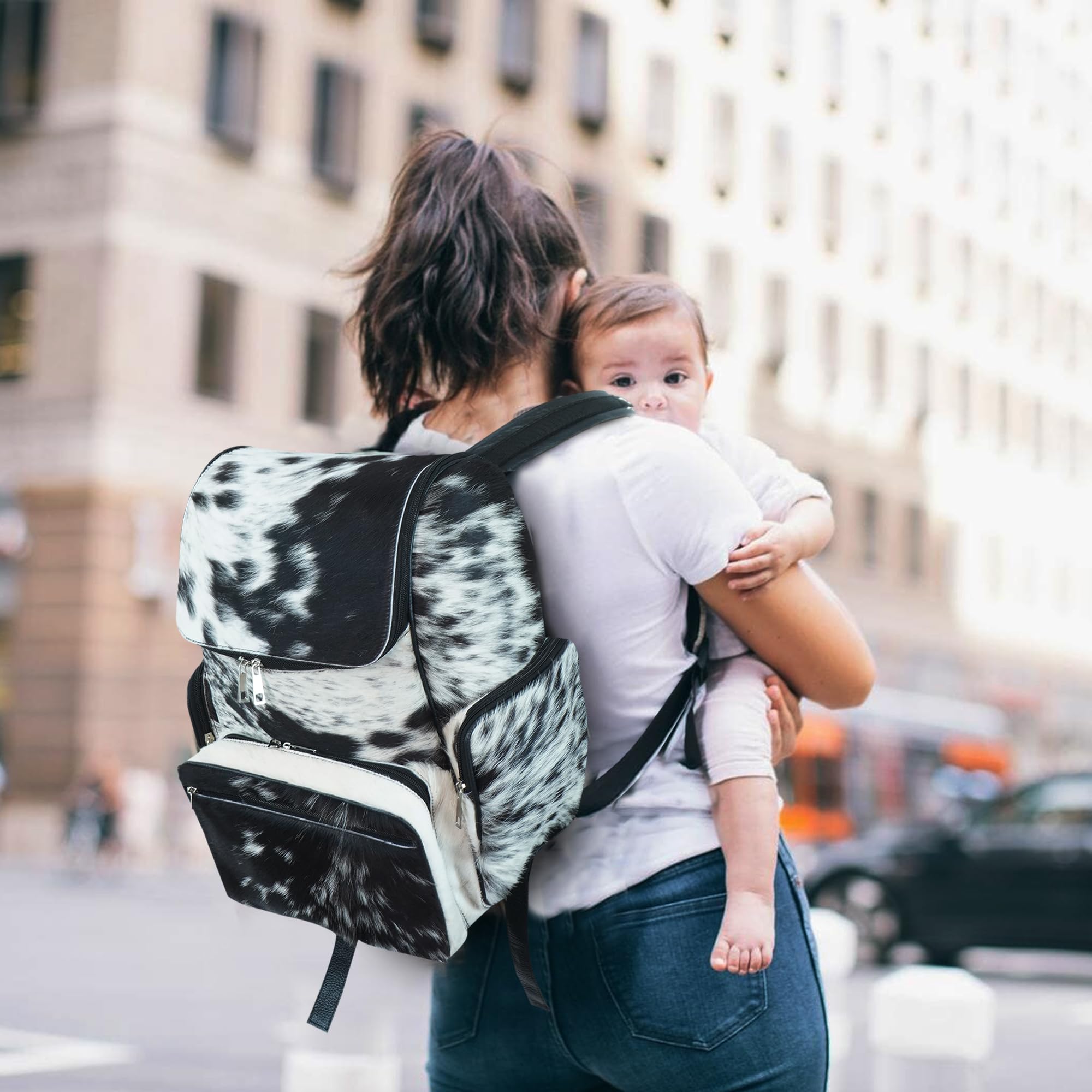 LP-FACON Cowhide Hair Western Leather Cow Skin Print Fur Leather Diaper Backpack Rucksack / Knapsack Travel Shoulder Bag Black & White