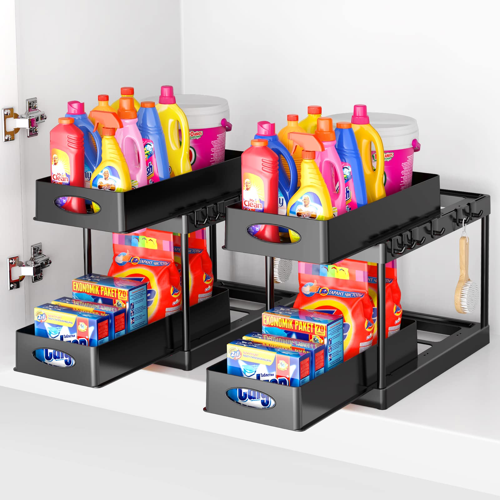 2PACK Double Sliding Cabinet Organizer, Under Sink Organizers and Storage, 2 Tier Kitchen Organization with 6 Hooks, Bathroom Countertop Organizer, Pull Out Cabinet Organizer Baskets