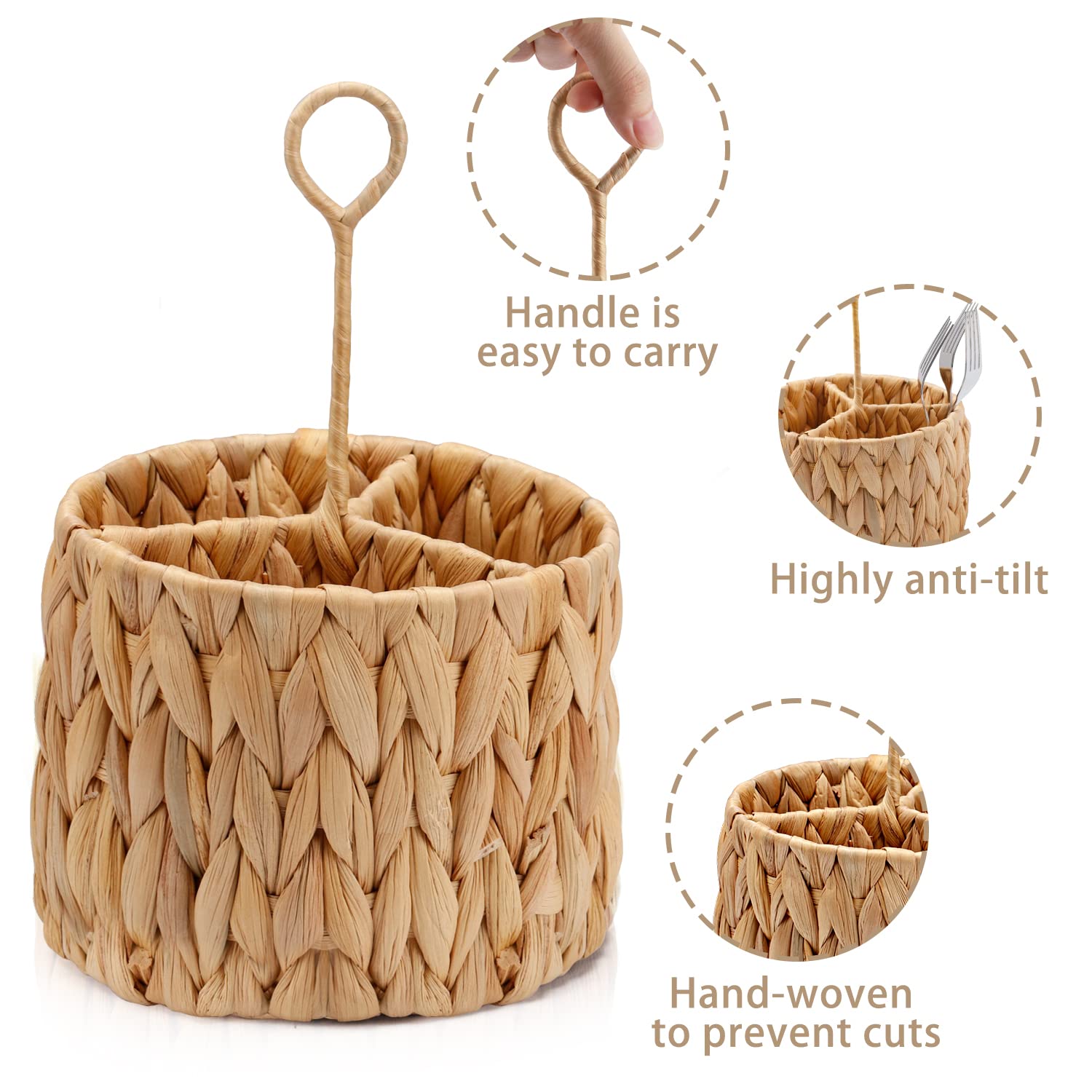 Kitchen Utensil Holder for Countertop, Silverware Caddy Natural Woven Flatware Caddy with 3 Compartments, Cooking Utensil Organizer Condiment Picnic Cutlery Caddy Large Utensil Holder for Party