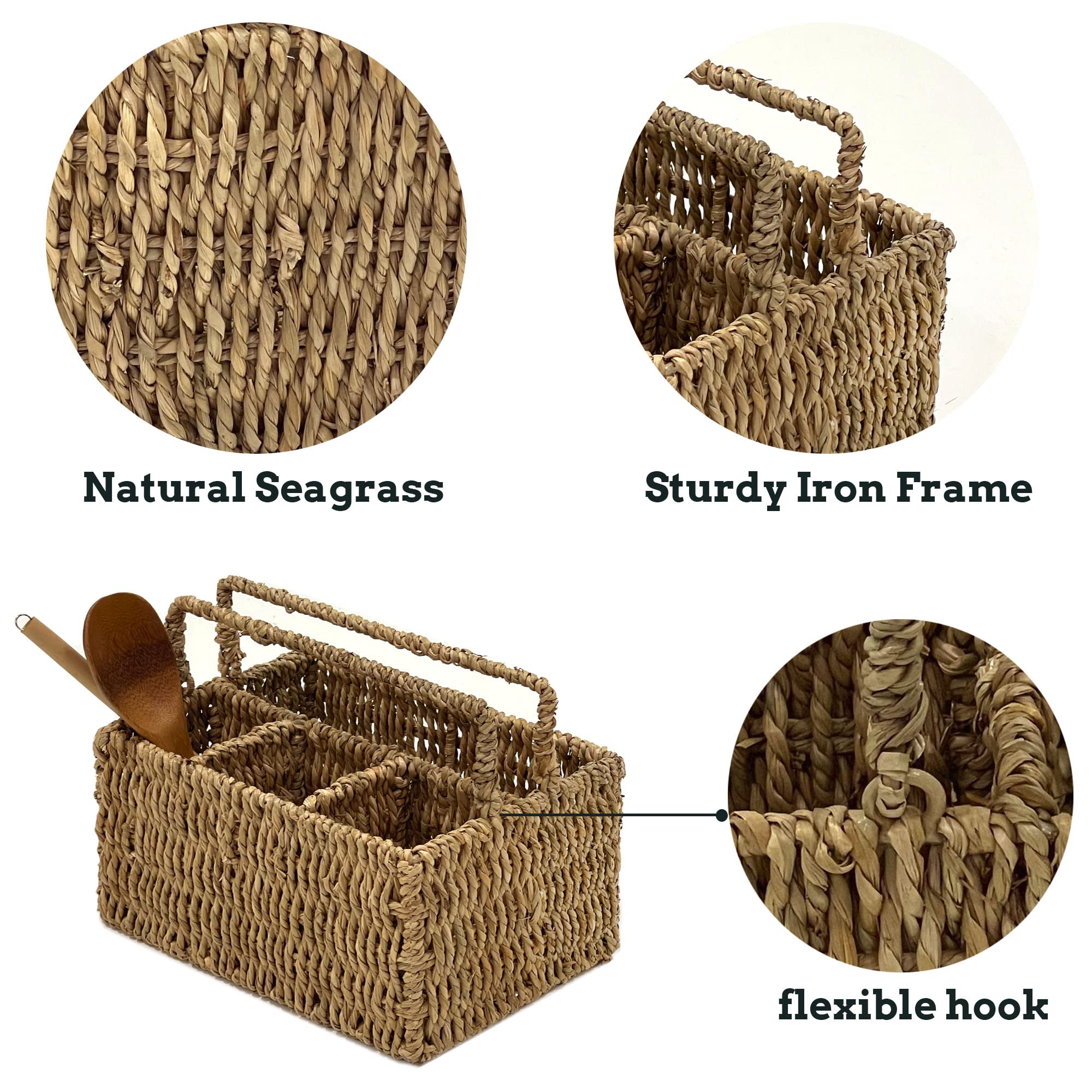 MadeTerra Wicker Utensil Caddy Carrier | Seagrass Woven Divided Cutlery Holder for Table - Kitchen Set Counter Top Organizer - Hold Silverware, Forks, Knives, Spoons, Napkins (Seagrass)