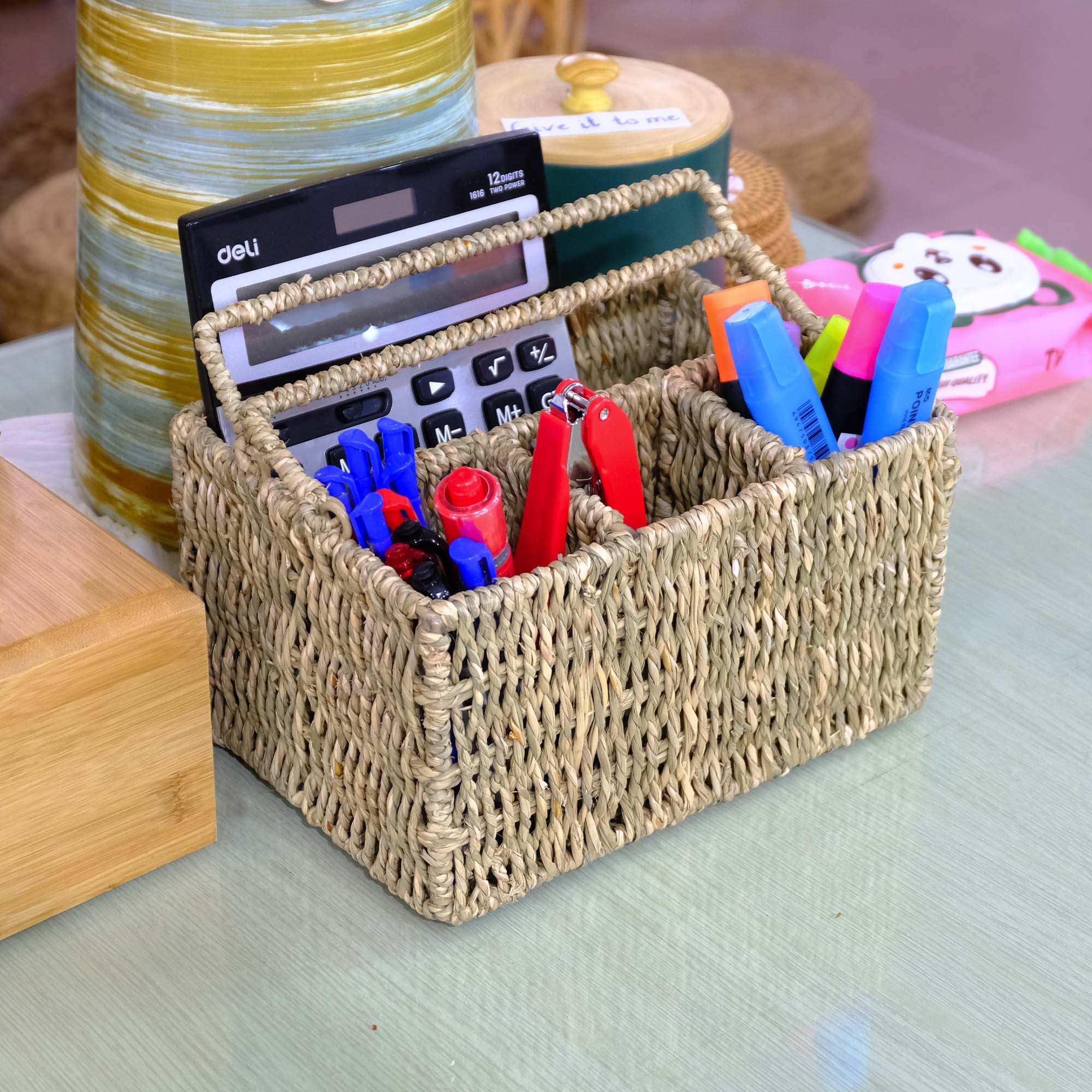MadeTerra Wicker Utensil Caddy Carrier | Seagrass Woven Divided Cutlery Holder for Table - Kitchen Set Counter Top Organizer - Hold Silverware, Forks, Knives, Spoons, Napkins (Seagrass)