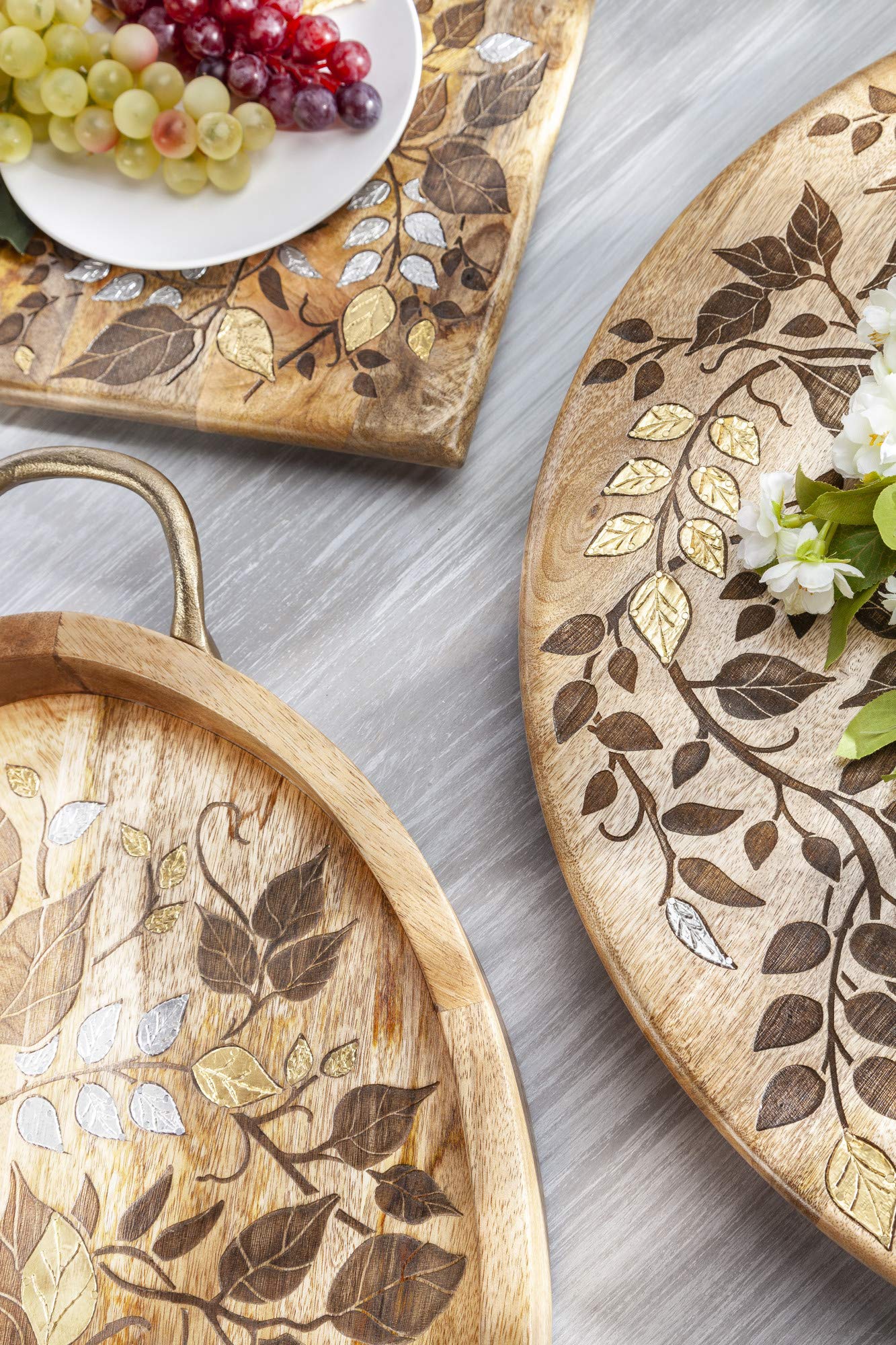 GG Inlay/Laser Leaf Lazy Susan Other Decor, 22InL x 22InW x 2.5InH, Brown