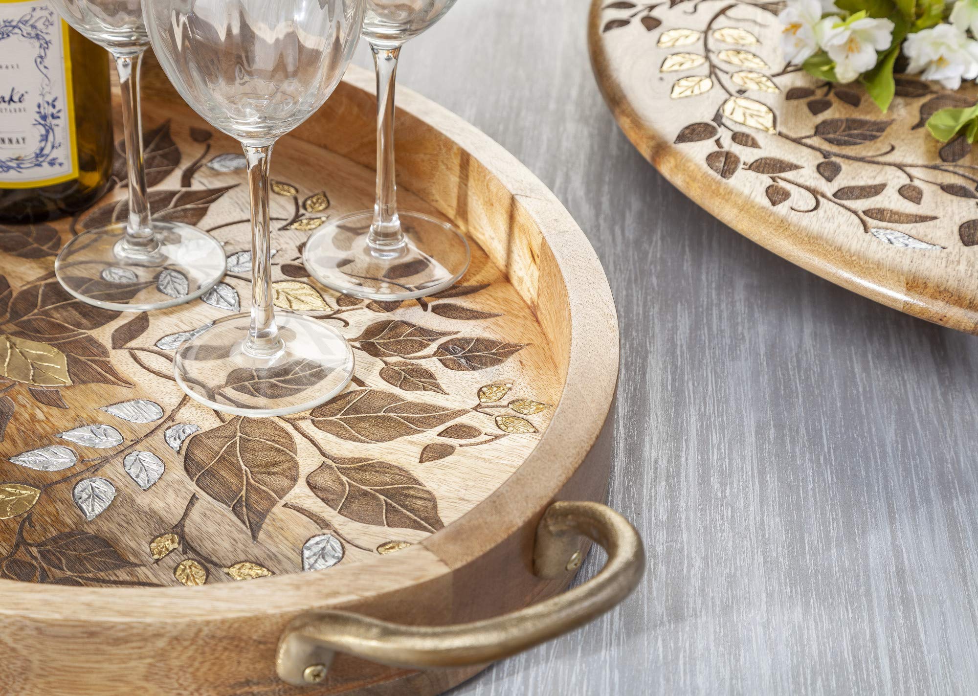GG Inlay/Laser Leaf Lazy Susan Other Decor, 22InL x 22InW x 2.5InH, Brown