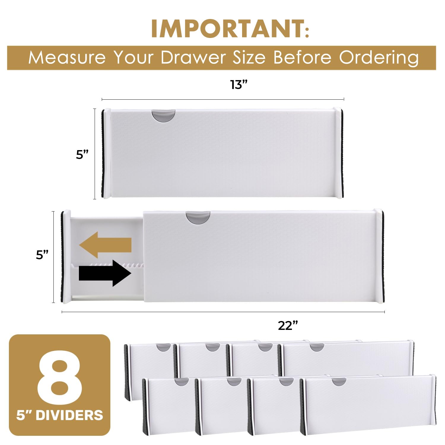 RAPTUROUS Drawer Divider - 2.5 Inches High, Expands from 13-22 Inch, Adjustable Dividers for Kitchen, Dressers - Organizers for Clothing, Baby Clothes, Untensils, etc - 8 Pack White Drawer Separators