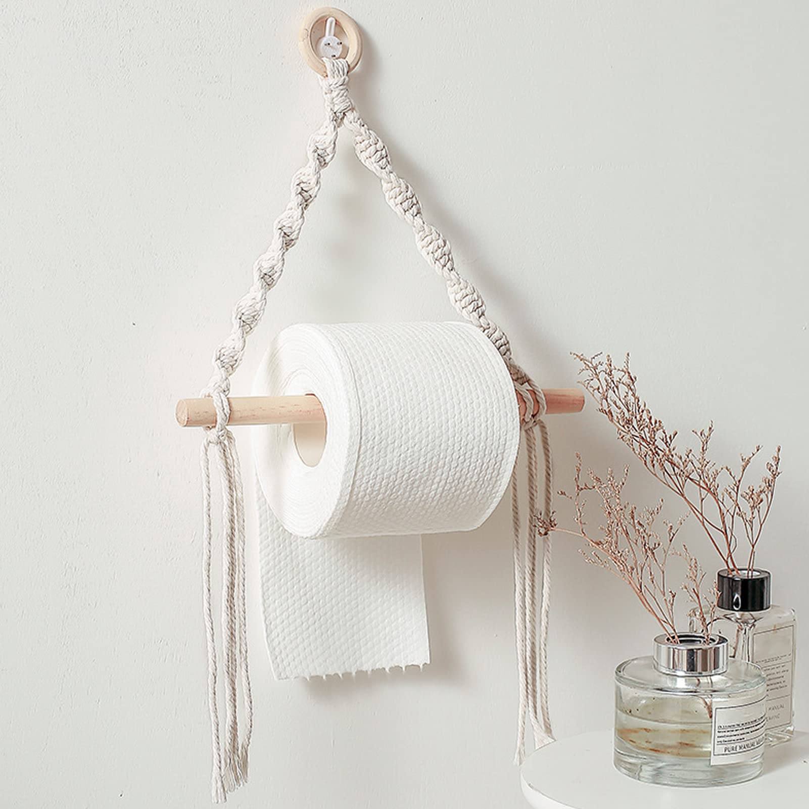 Handmade Paper Towel Holder,Boho Cotton Rope Macrame Toilet Paper Towel Rack,Paper Towel Hanging for Kitchen Bathroom