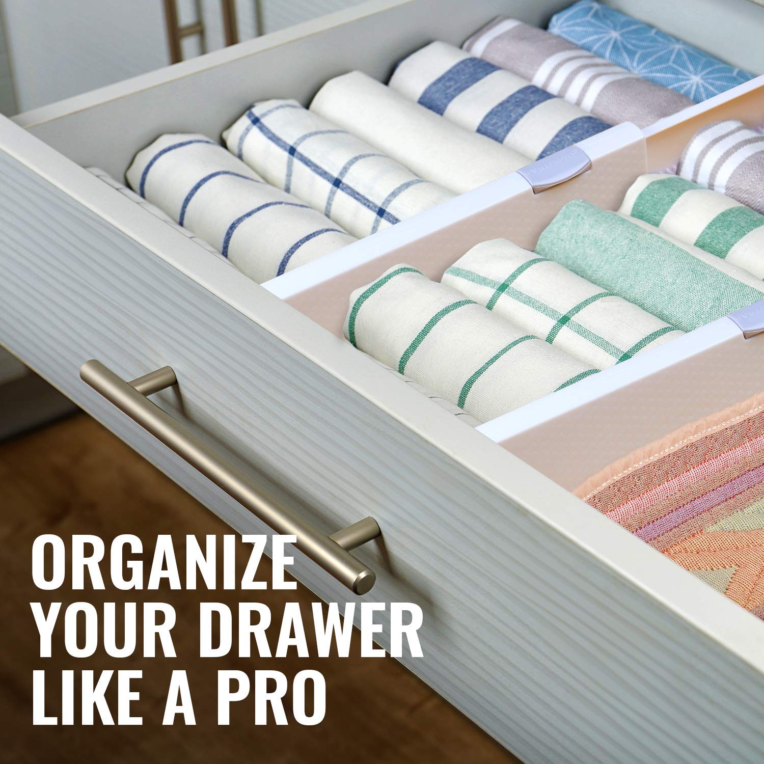 RAPTUROUS Drawer Divider - 2.5 Inches High, Expands from 13-22 Inch, Adjustable Dividers for Kitchen, Dressers - Organizers for Clothing, Baby Clothes, Untensils, etc - 8 Pack White Drawer Separators