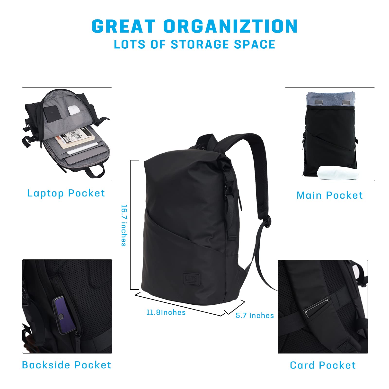 COTS Travel Laptop Backpack, Business Backpack for Men & Women Water Resistant Roll Top College School Casual Daypack Fit 15.6" Notebook (Black)