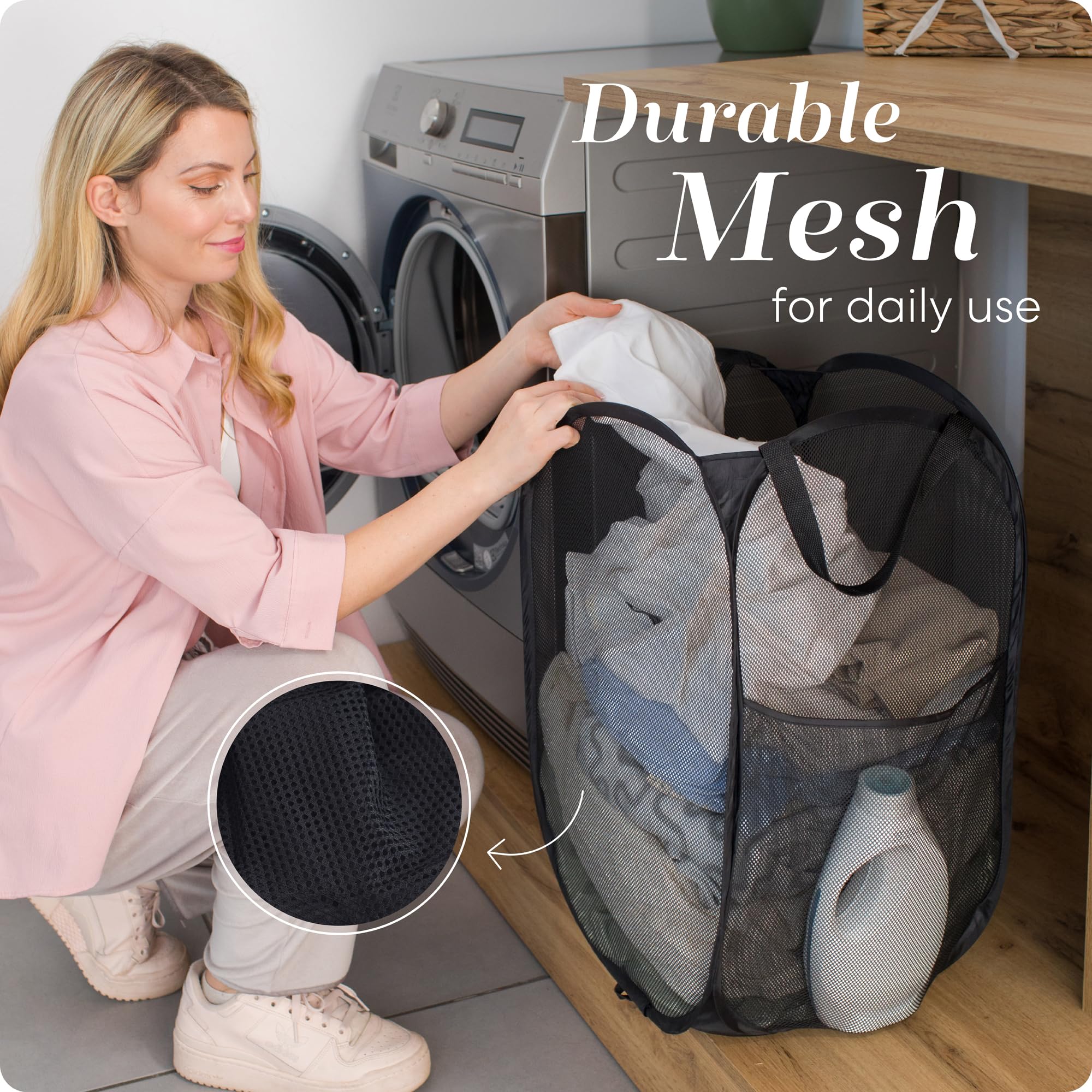 Handy Laundry Mesh Popup Hamper β Foldable Lightweight Basket for Washing β Durable Clothing Storage for Kids Room, Students College Dorm, Home, Travel & Camping β Black Pop-up Clothes Hamper