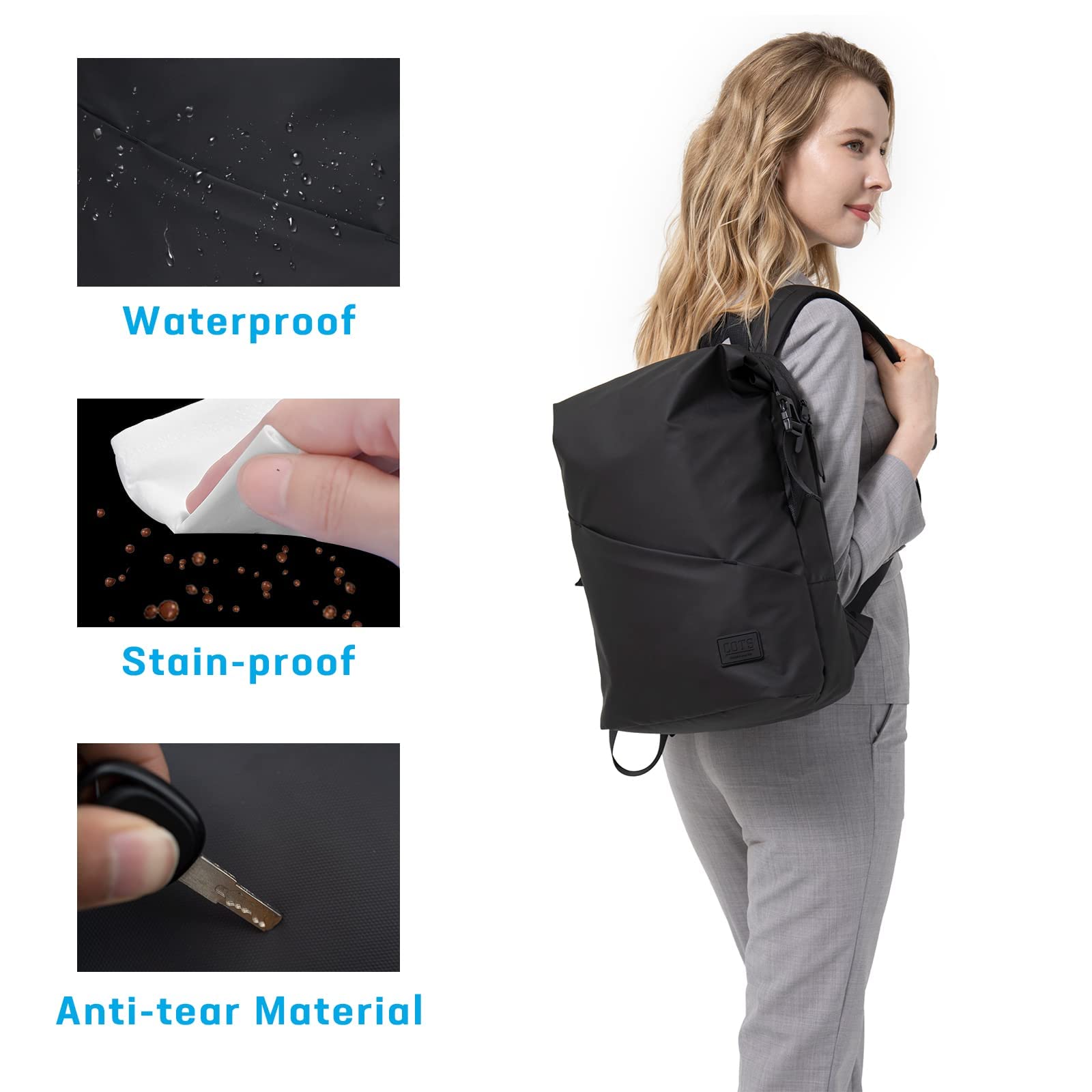 COTS Travel Laptop Backpack, Business Backpack for Men & Women Water Resistant Roll Top College School Casual Daypack Fit 15.6" Notebook (Black)