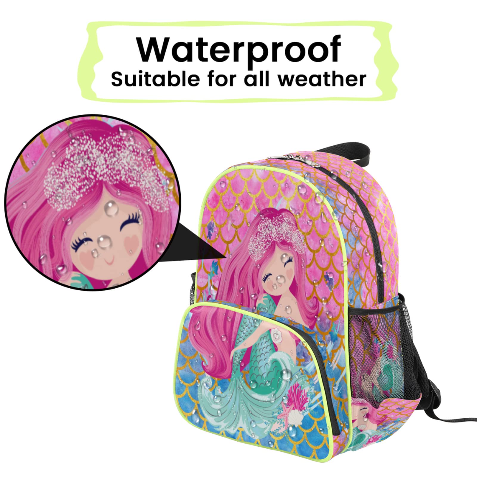 Mermaid Kids Backpacks for Girls, Cute Lightweight Toddler Backpack for School, Waterproof Bookbag Kindergarten Preschool Backpack with Chest Strap, Casual Daypack