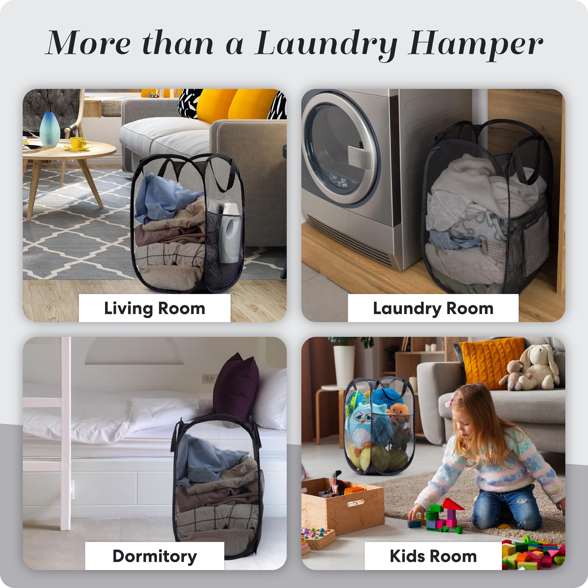 Handy Laundry Mesh Popup Hamper β Foldable Lightweight Basket for Washing β Durable Clothing Storage for Kids Room, Students College Dorm, Home, Travel & Camping β Black Pop-up Clothes Hamper
