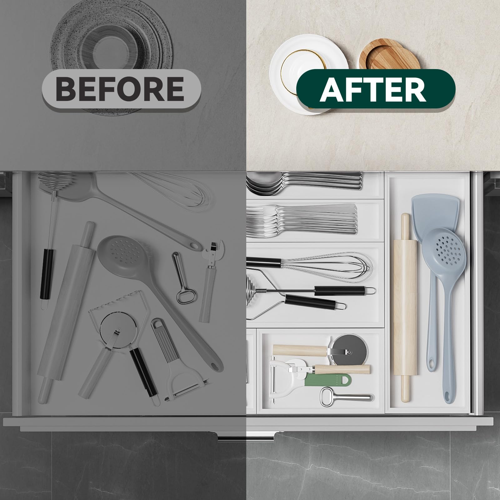 Lixple Utensil Organizer Silverware Drawer Organizer - Set of 2, Stackable Kitchen Organization, Bamboo Storage Box Tray for Kitchen Gadgets Bathroom Countertop (White)