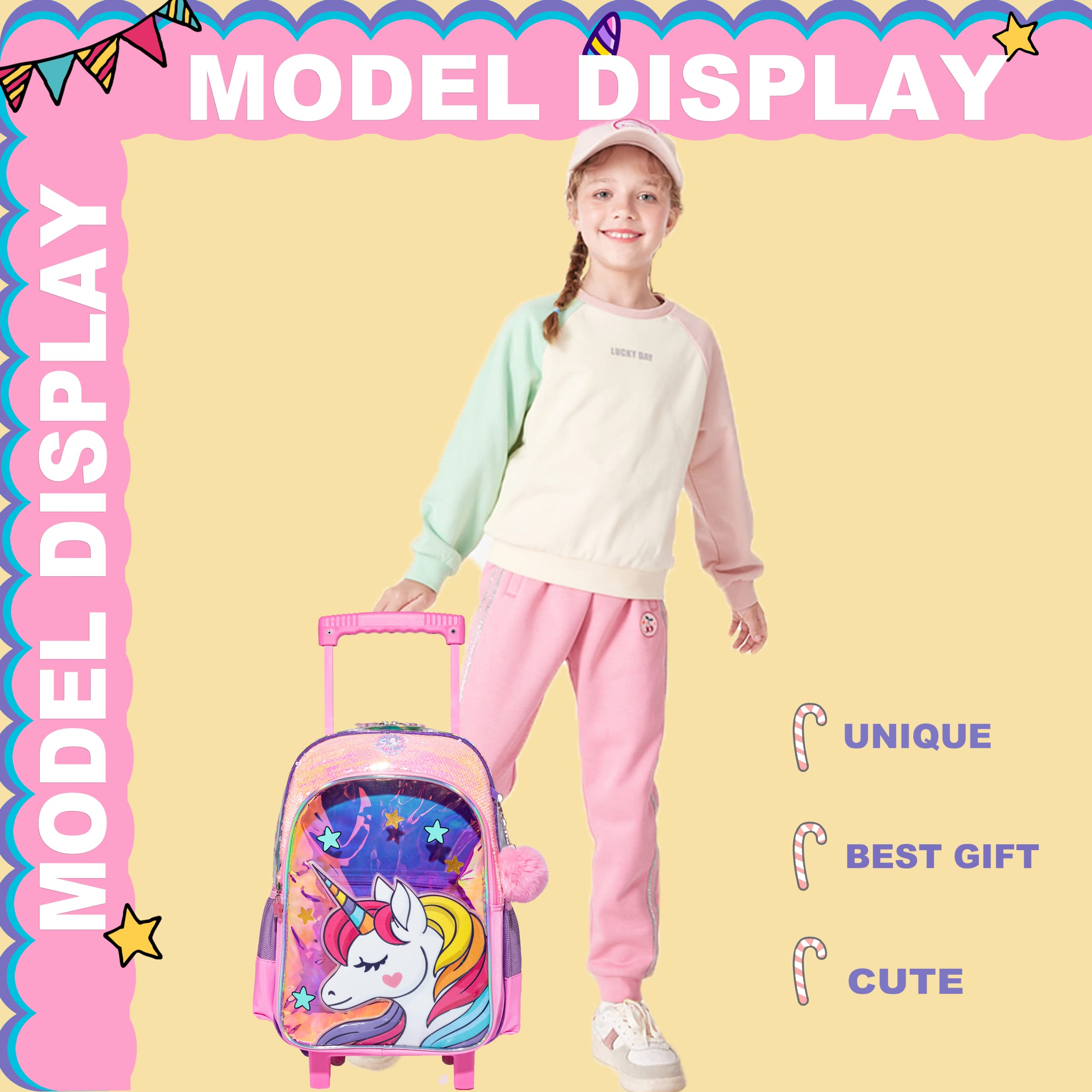 ZBAOGTW Unicorn Rolling Backpack for Girls with Lunch Box Kids Backpack with Wheels for School Sequin Trolley Trip Luggage Rolling Backpack for Kindergarten Girls Elementary School