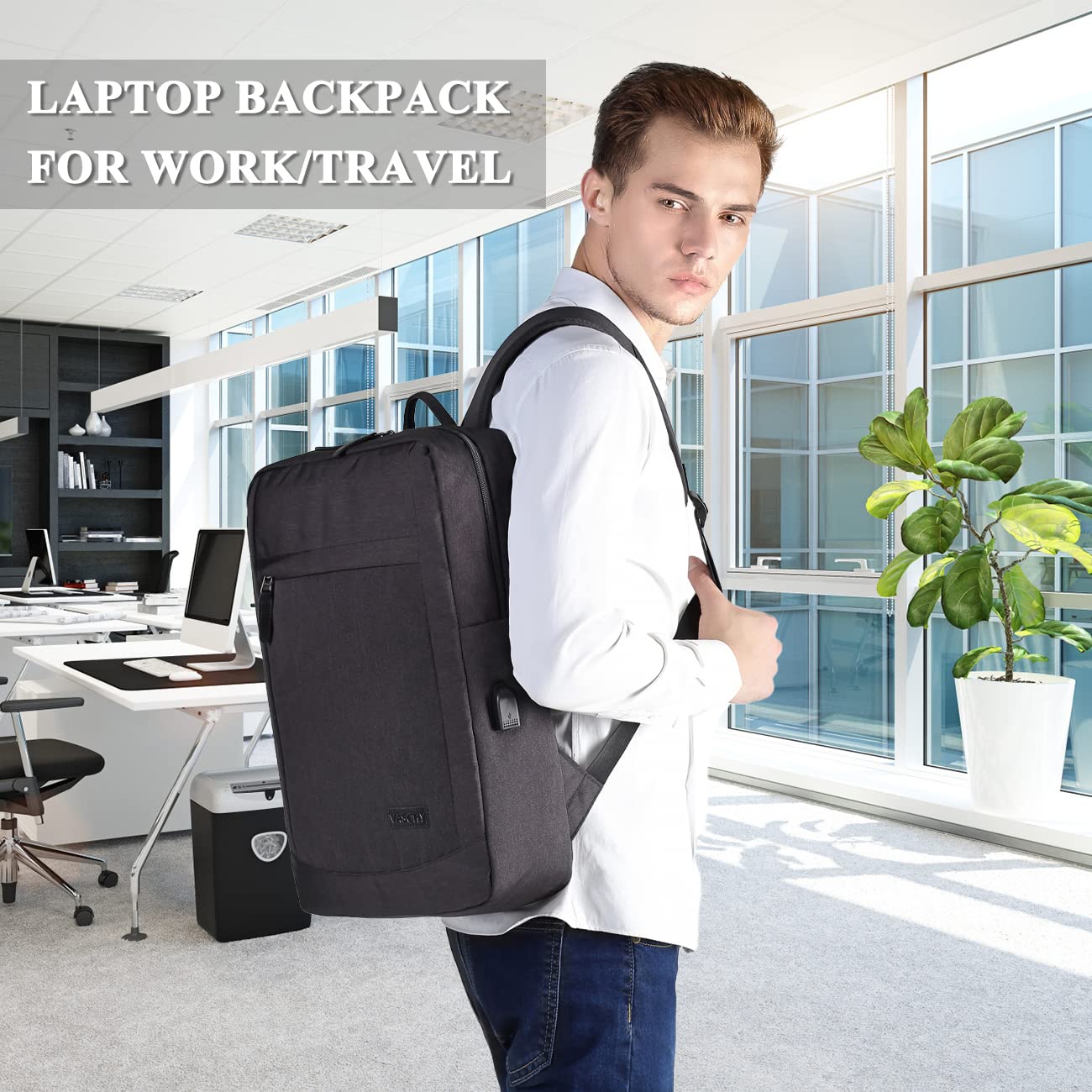 VASCHY 17 inch Laptop Backpack for Men with USB Port Lightweight Slim Business Backpack