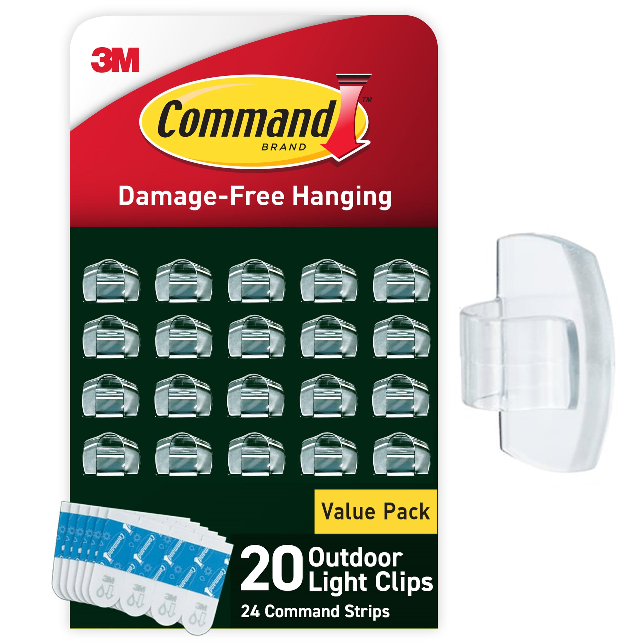 Command Outdoor Light Clips, Damage Free Hanging Outdoor Light Clips with Adhesive Strips, No Tools Wall Clips for Hanging Outdoor Lights and Cables, 20 Clear Clips and 24 Command Strips
