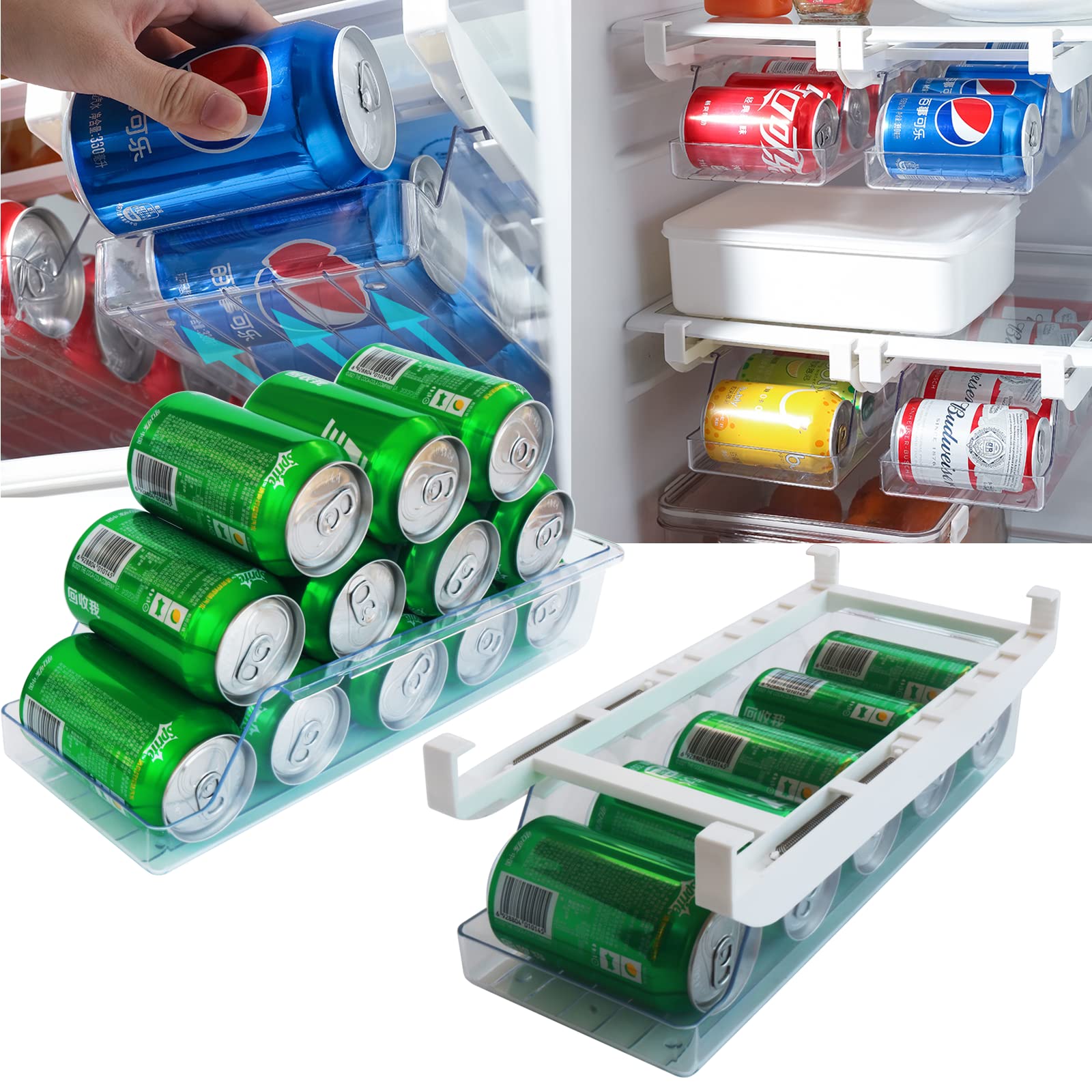 XILAOTOU Fridge Organizer Hanging Soda Can Dispenser Drink Holder for Refrigerator, Kitchen Organizer,Cabinet Shelf - Clear Plastic Canned Food Storage Rack,store to 5 standards 12-oz soda