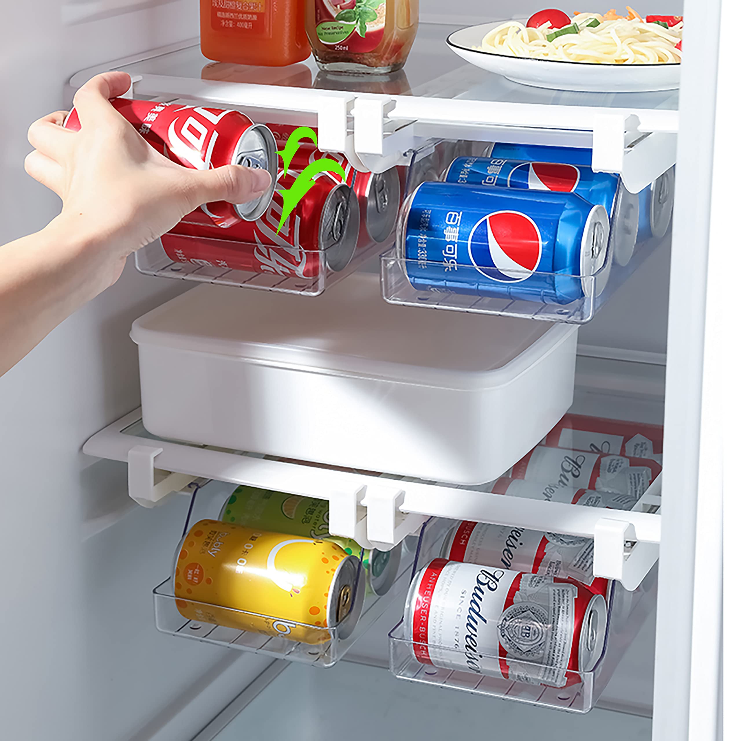XILAOTOU Fridge Organizer Hanging Soda Can Dispenser Drink Holder for Refrigerator, Kitchen Organizer,Cabinet Shelf - Clear Plastic Canned Food Storage Rack,store to 5 standards 12-oz soda
