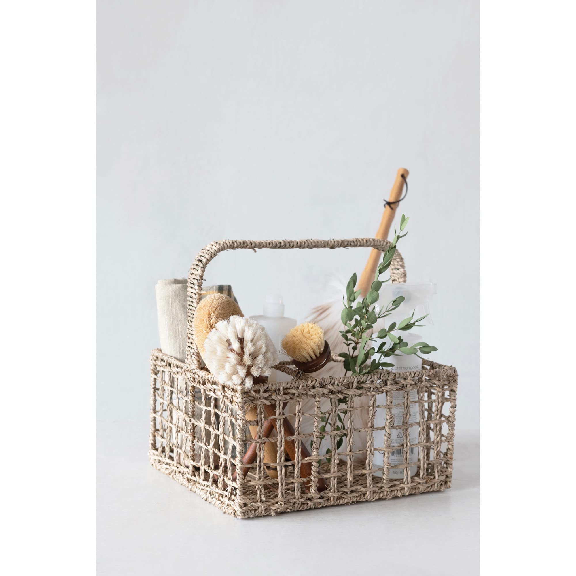 Creative Co-Op Hand-Woven Seagrass Handle and 6 Sections Caddy, 12" L x 8" W x 12" H, Natural