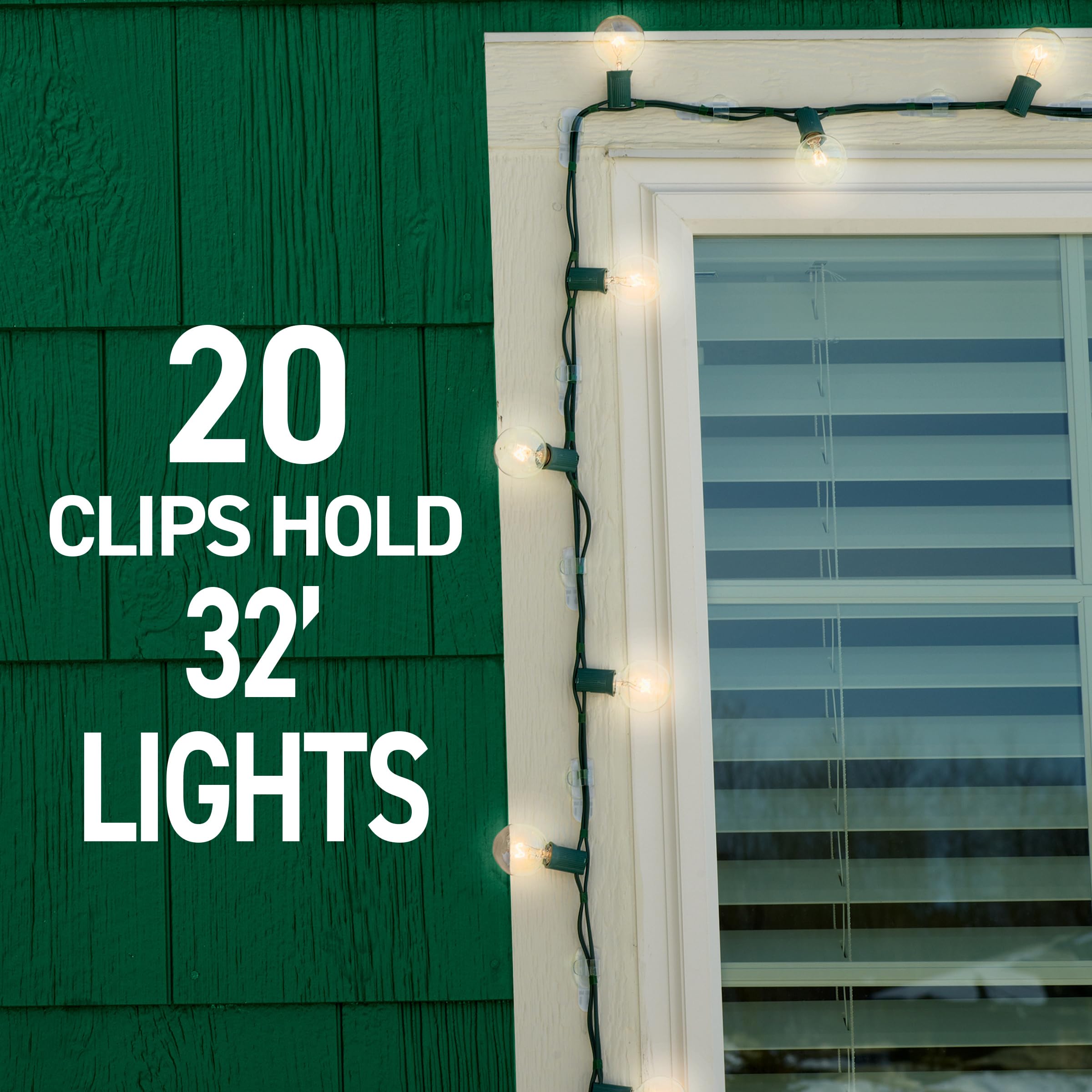 Command Outdoor Light Clips, Damage Free Hanging Outdoor Light Clips with Adhesive Strips, No Tools Wall Clips for Hanging Outdoor Lights and Cables, 20 Clear Clips and 24 Command Strips