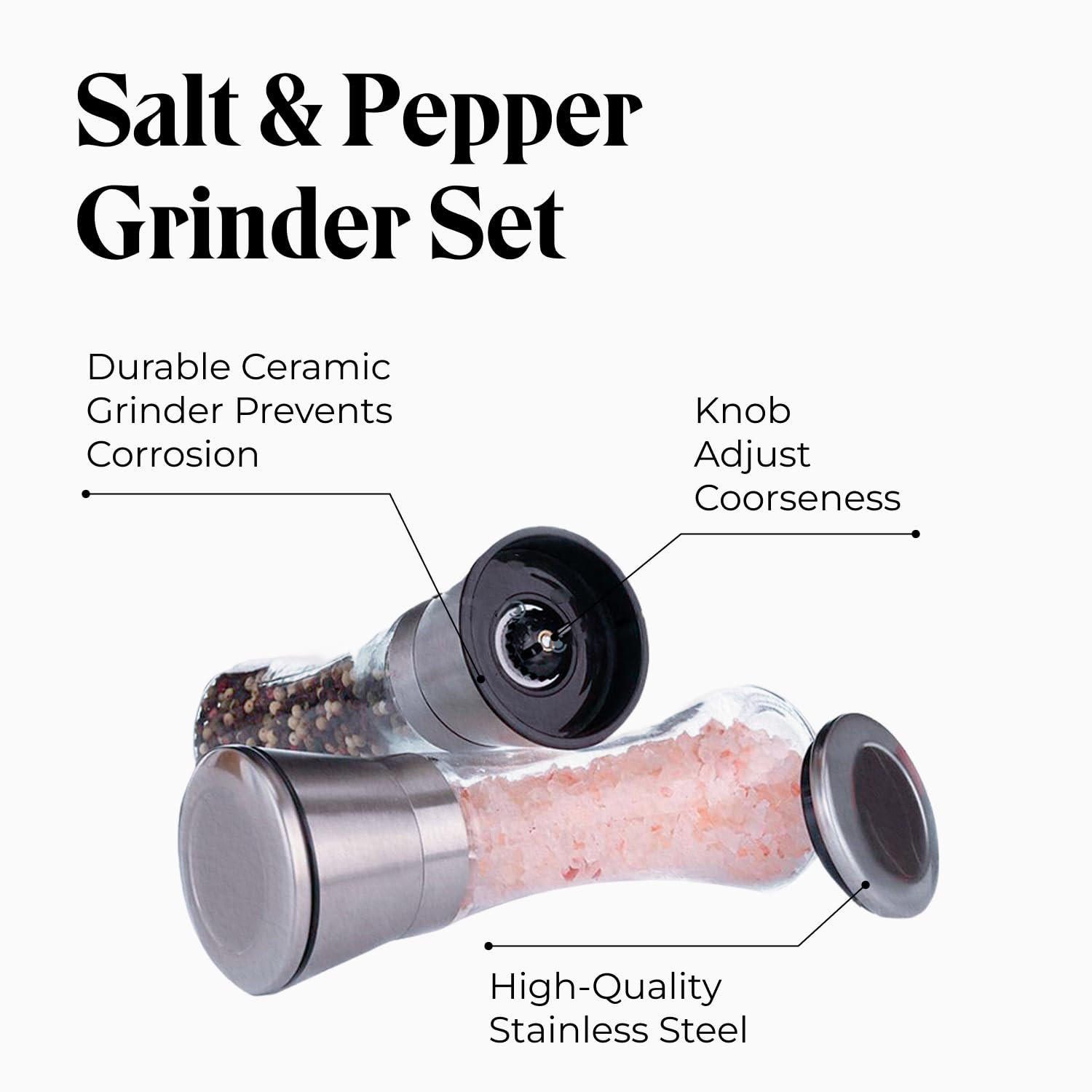 Willow & Everett Salt and Pepper Grinder Set - Stainless Steel Refillable Salt & Peppercorn Shakers