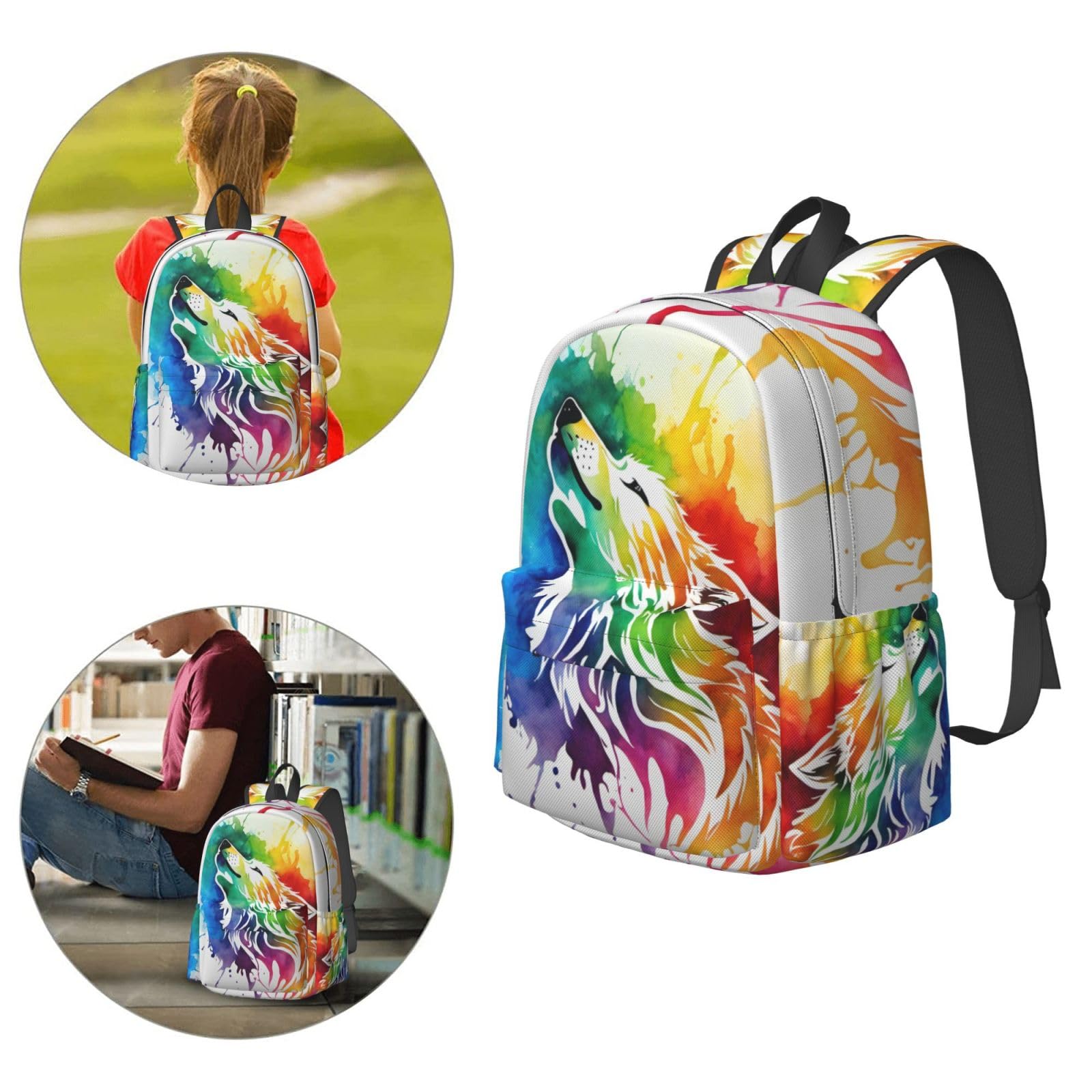 FeHuew 16 inch backpack Tie Dye Colorful Howl Wolf Laptop Backpack Full Print School Bookbag Shoulder Bag for Travel Daypack