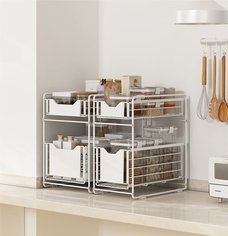 CBYJK Stackable 2-Tie Under Sink Cabinets Organizer With Sliding Storage Drawer, Under Sink Organizer, Pull Out Cabinets Organizer Shelf, Sliding Basket Organizer Drawer For Kitchen, Bathroom, Office