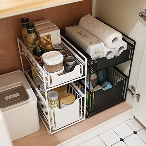 CBYJK Stackable 2-Tie Under Sink Cabinets Organizer With Sliding Storage Drawer, Under Sink Organizer, Pull Out Cabinets Organizer Shelf, Sliding Basket Organizer Drawer For Kitchen, Bathroom, Office