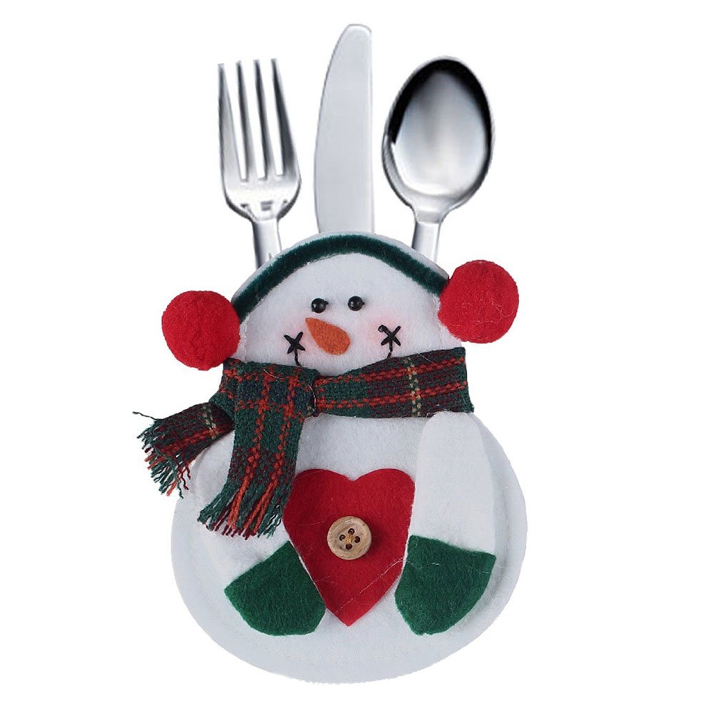 Deggod 8Pcs Christmas Tableware Holders Set, White Snowman Knife and Fork Bags Covers for Thanksgiving New Year Christmas Party Decorations Xmas Dinner Table Decor Ornaments (Snowman)