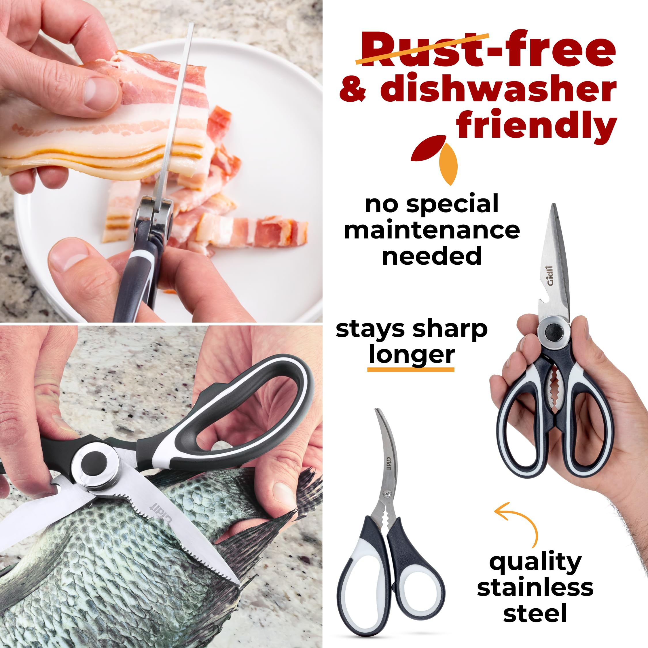 Kitchen Shears by Gidli - Lifetime Replacement Warranty- Includes Seafood Scissors As a Bonus - Heavy Duty Stainless Steel All Purpose Ultra Sharp Utility Scissors