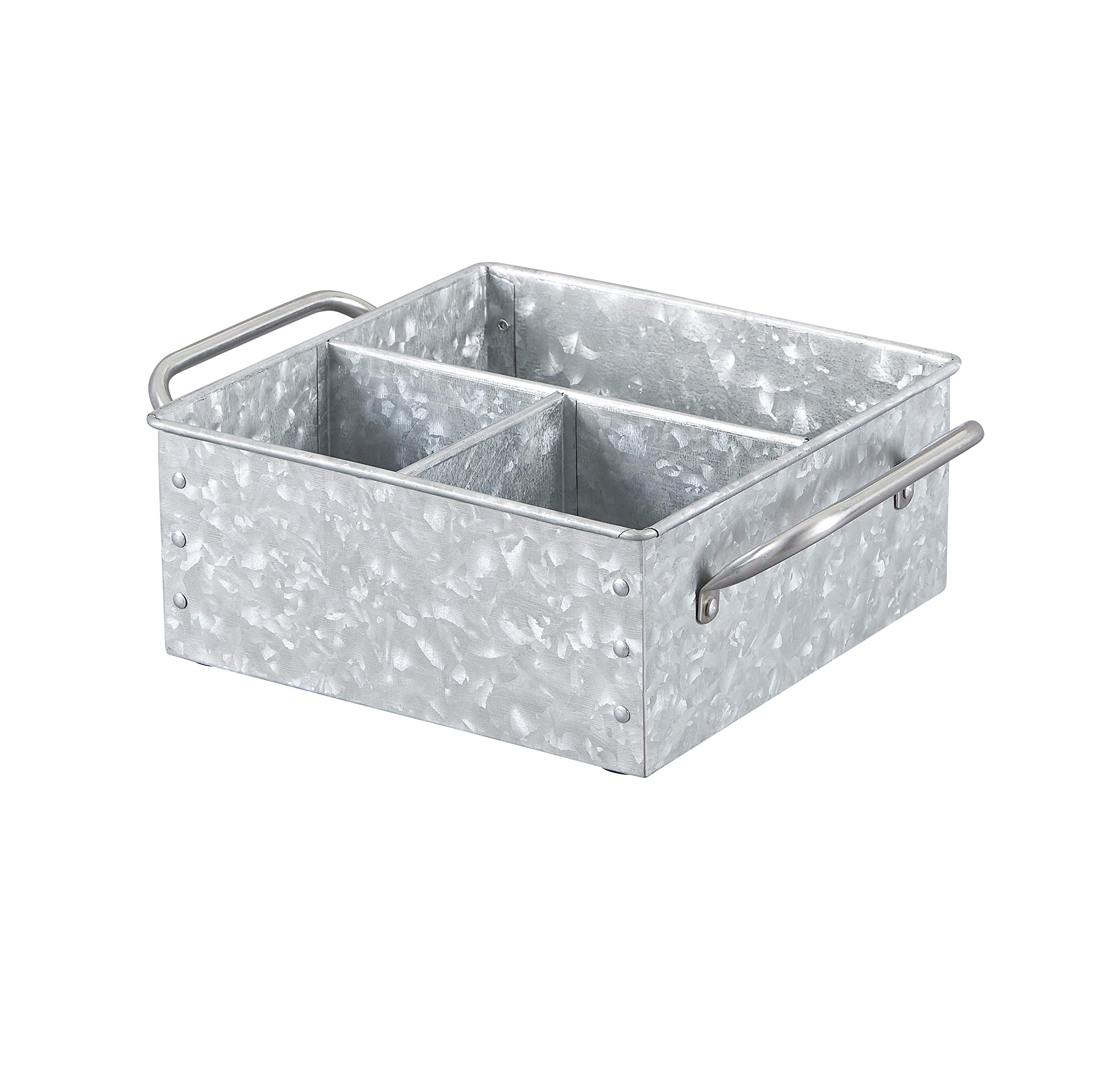 Walford Home Galvanized Metal Storage Tray – Rustic Farmhouse Table Caddy with Handles – Functional & Decorative Divided Box - Vintage Style 3 Compartment Cutlery, Condiment & Napkin Organizer