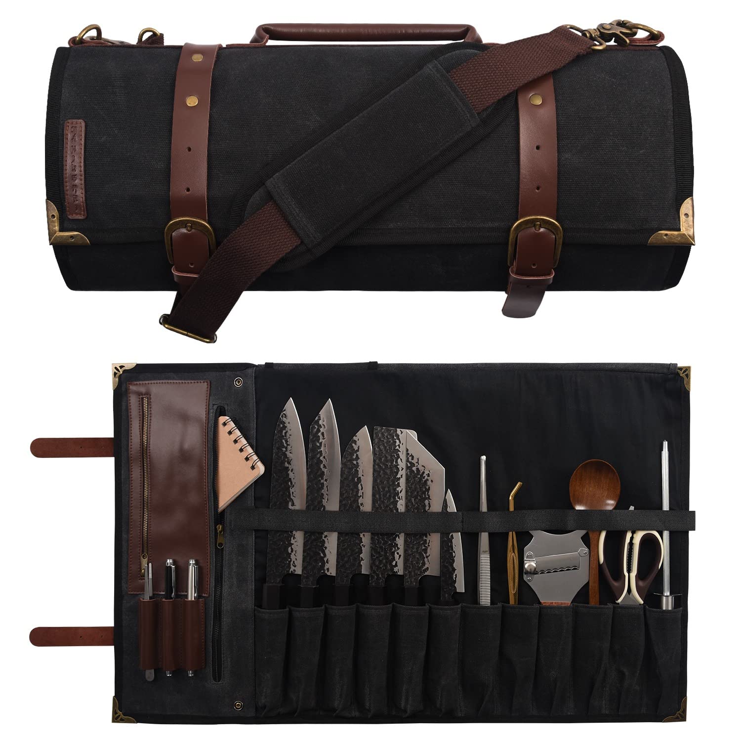 Manjushri Elegant and Light 12 Slots Professional Waxed Canvas & Genuine Leather Chef Knife Roll Bag Case with 4 Zipper Pouch Knife Organiser (Walnut Brown)