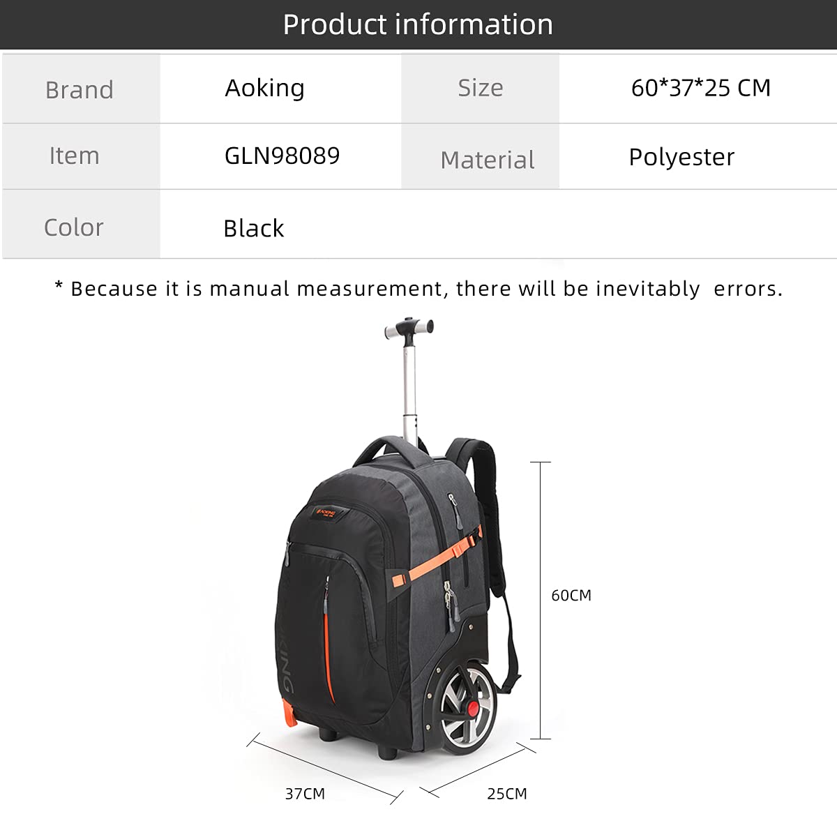 Glodiar AOKING 20/22″Water Resistant Rolling Big Wheeled Backpack Laptop Compartment Bag (22inch, Black)