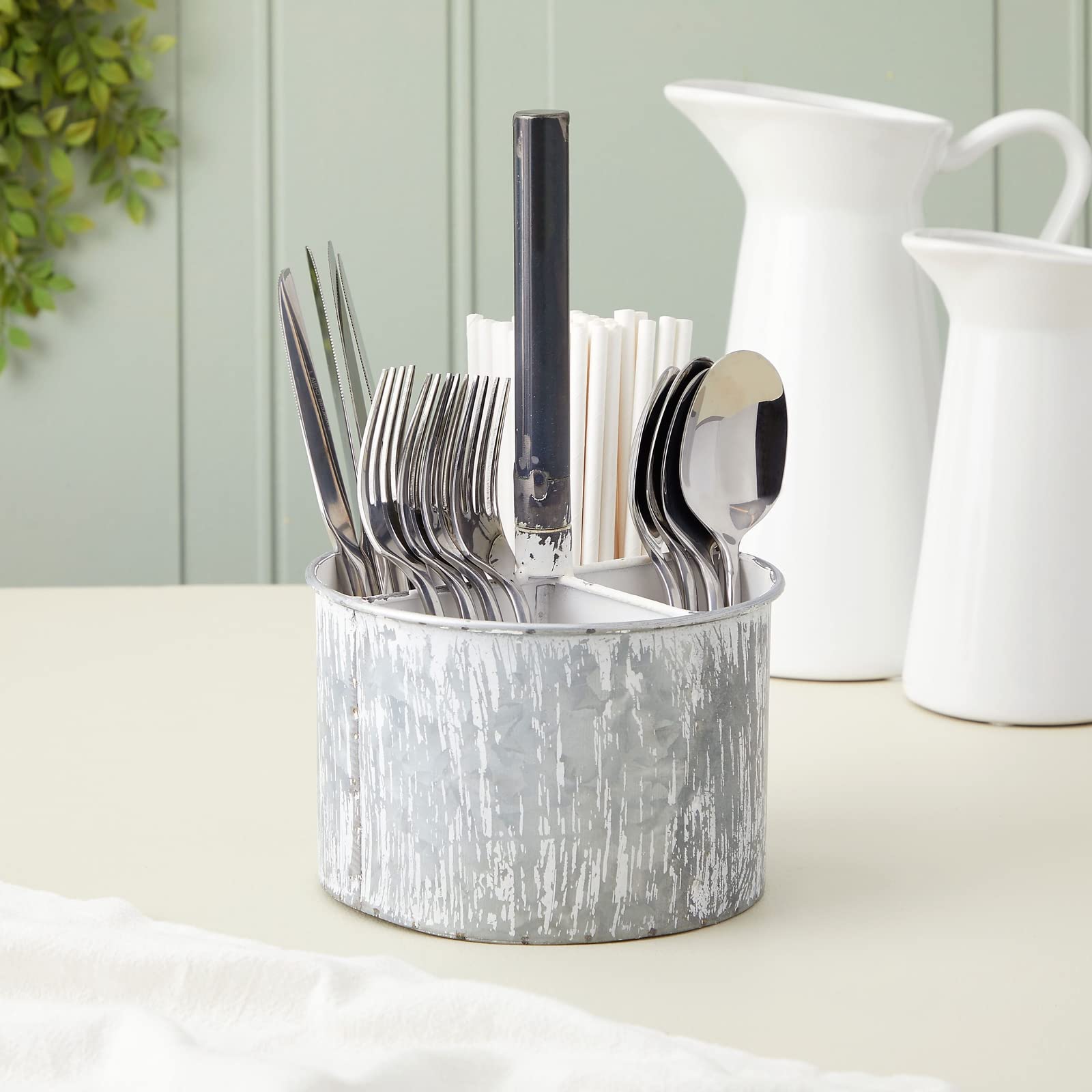 Kitchen Utensil Holder for Countertop with 4 Compartments, Galvanized Flatware Caddy (6 x 11 In)