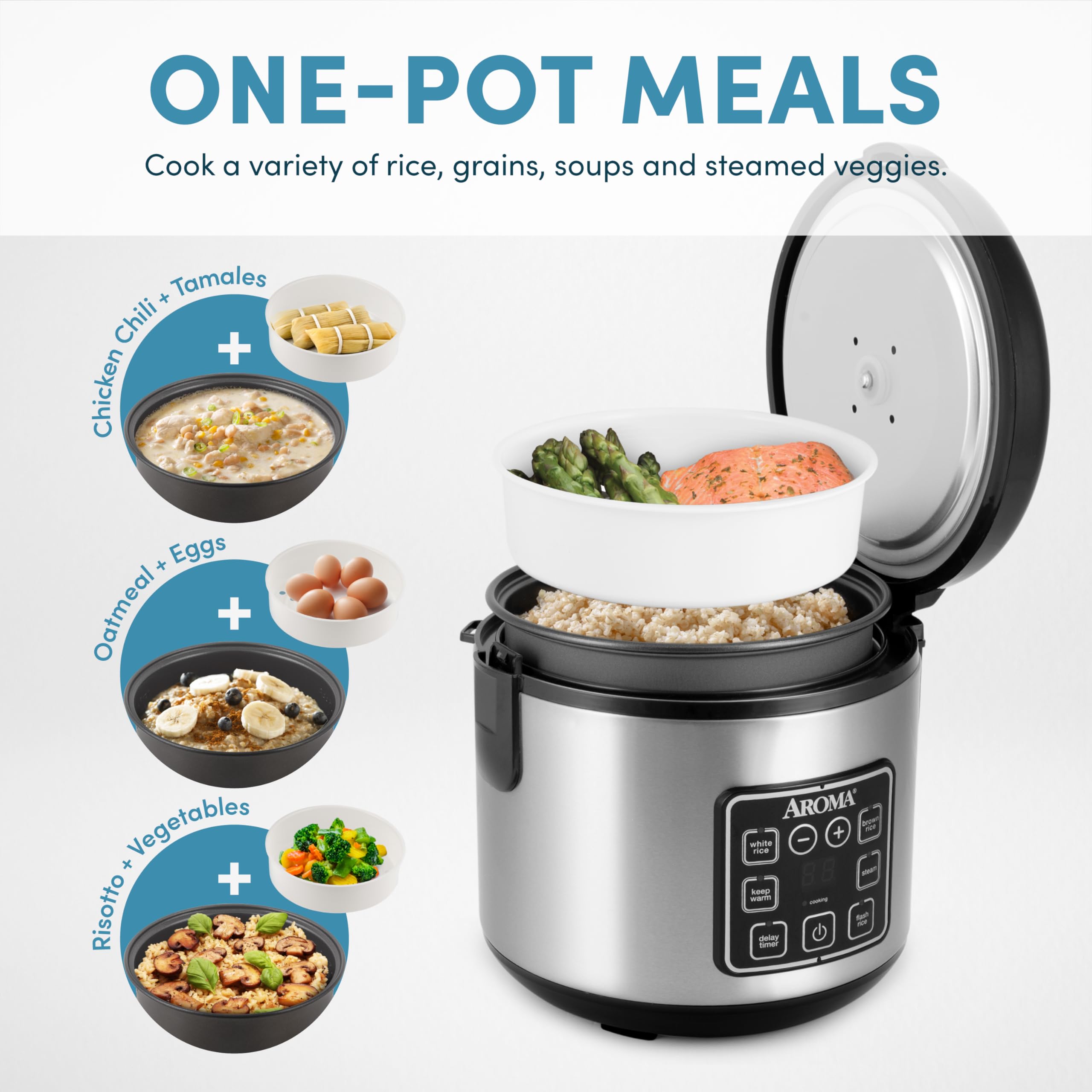 Aroma Housewares ARC-914SBD Digital Cool-Touch Rice Grain Cooker and Food Steamer, Stainless, Silver, 4-Cup (Uncooked) / 8-Cup (Cooked)