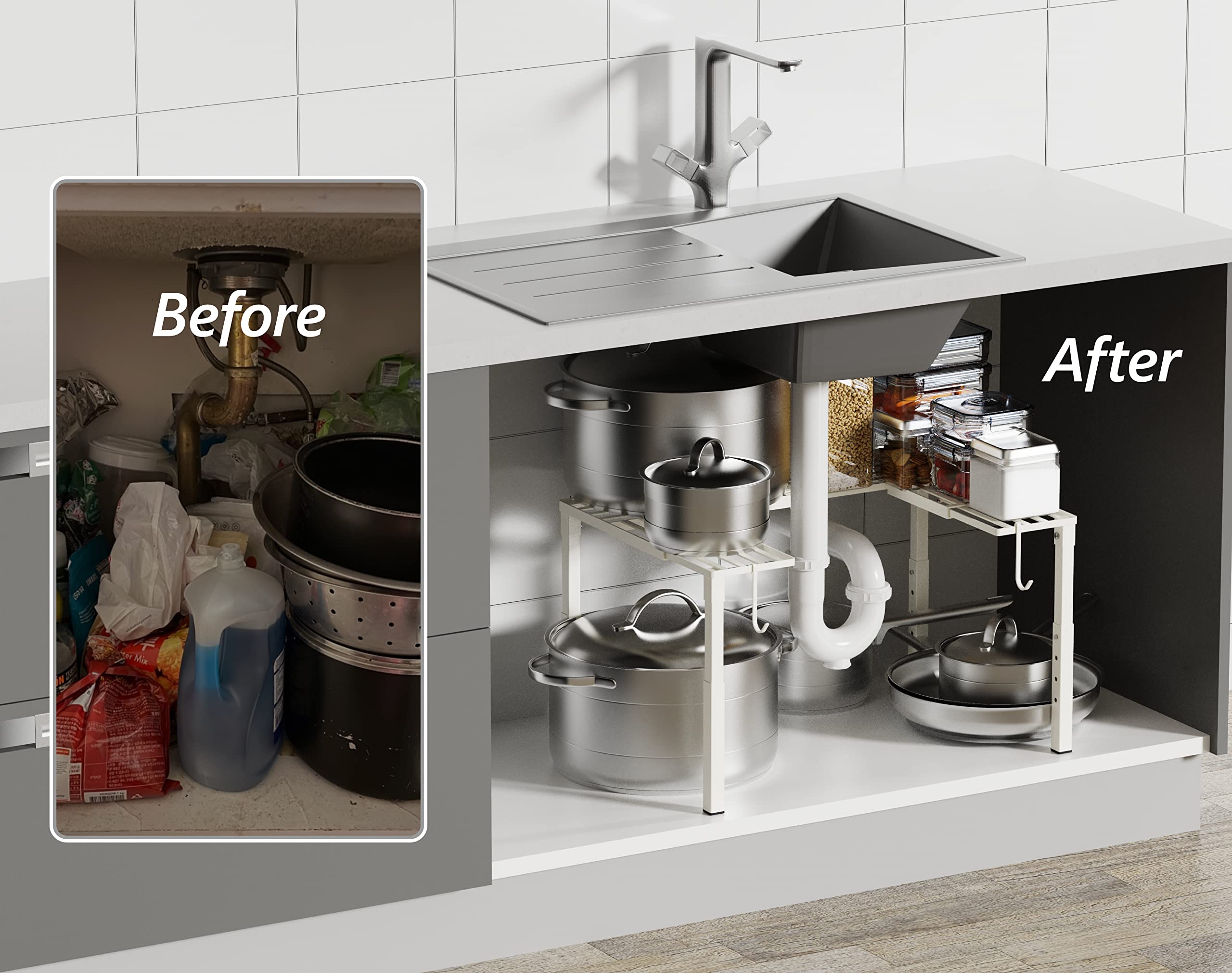 TEMSTE Expandable Under Sink Organizers and Storage,Bathroom Under the Sink Organizer Kitchen, Under Sink Shelf with 2 Removable Hooks, Undersink Organizers with EXPANDABLE HEIGHT DEPTH & WIDTH, White