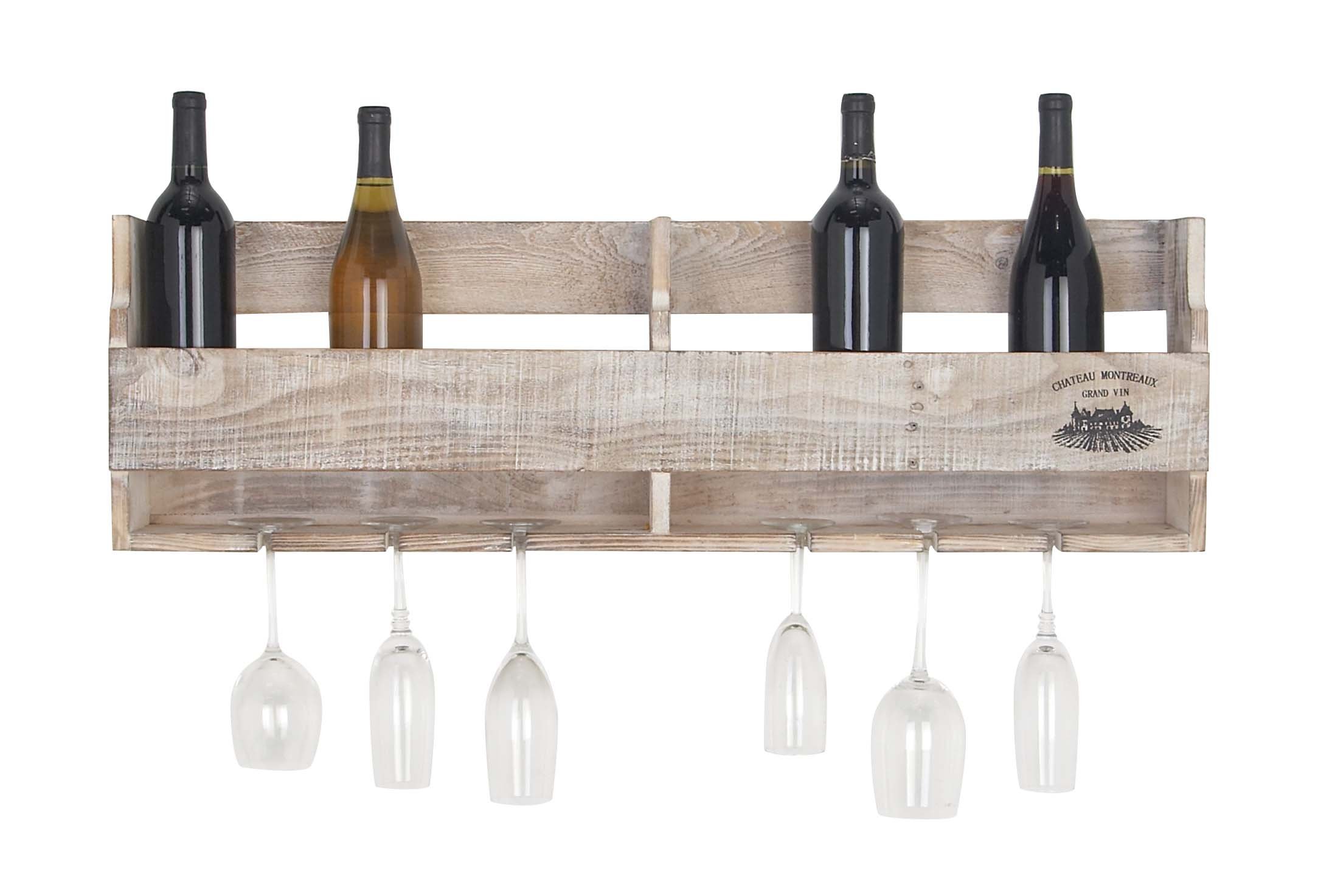 Deco 79 Wood 10 Bottle Wall Wine Rack with 6 Glass Holder Slots, 36" x 5" x 11", Brown