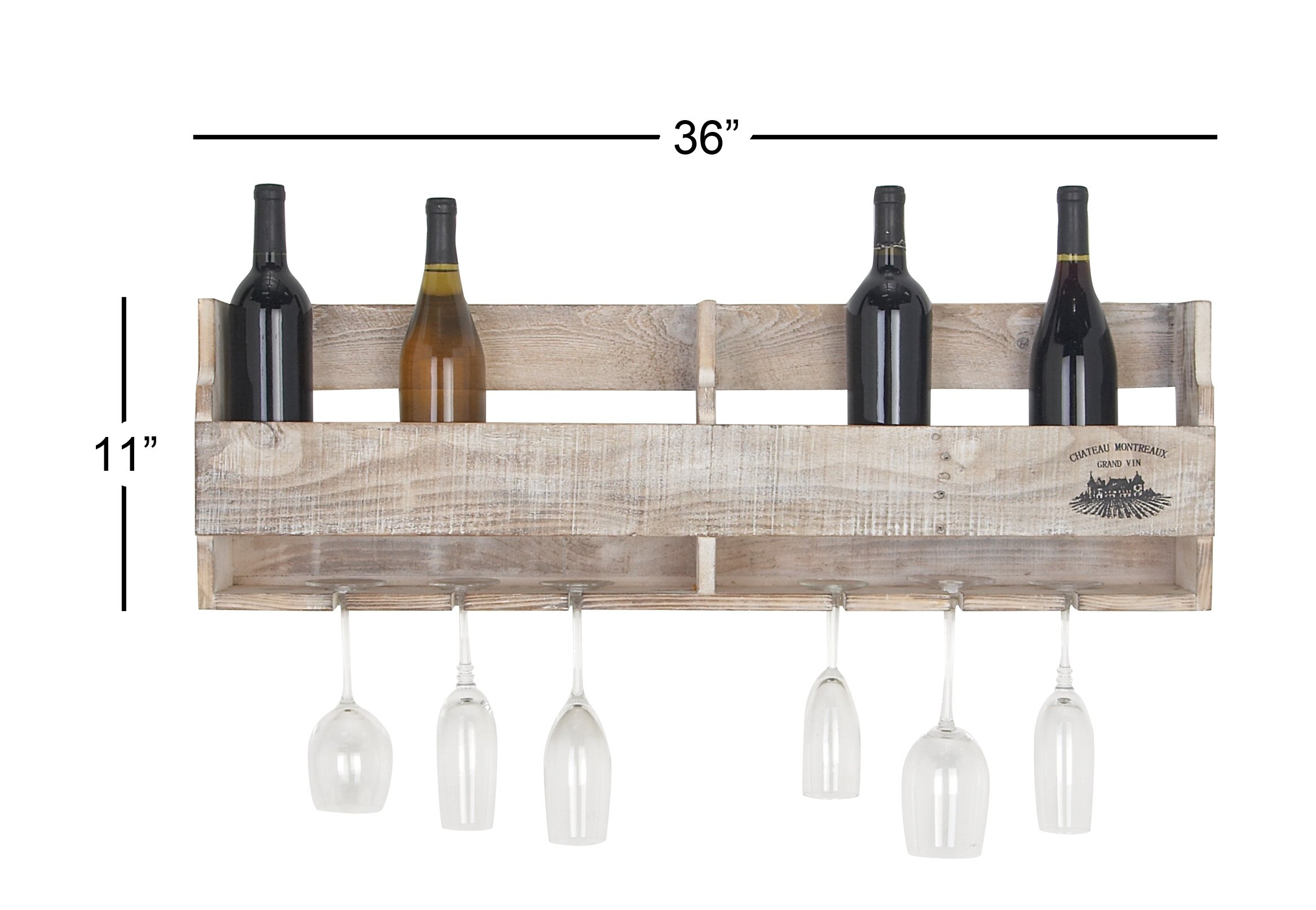 Deco 79 Wood 10 Bottle Wall Wine Rack with 6 Glass Holder Slots, 36" x 5" x 11", Brown
