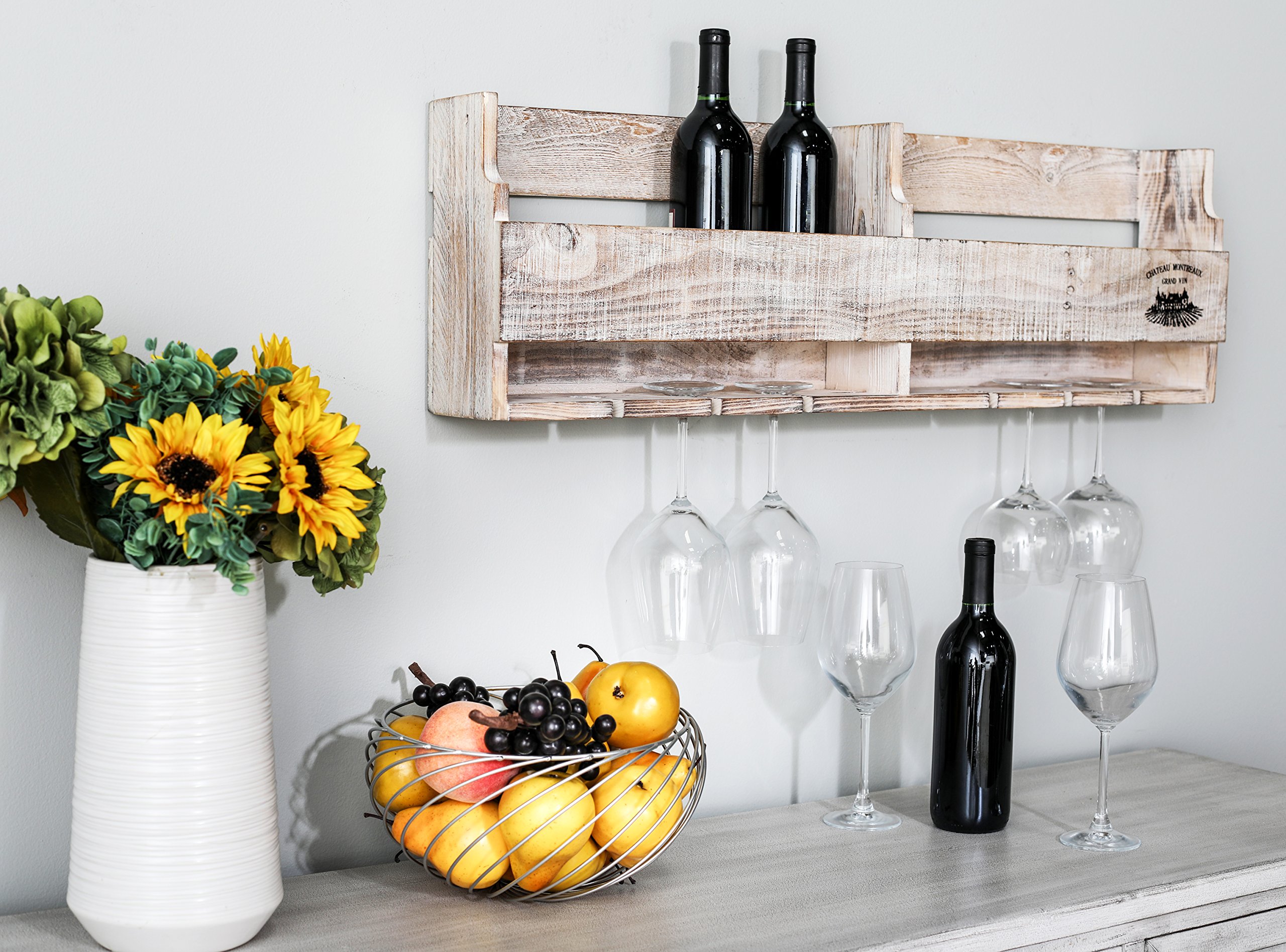 Deco 79 Wood 10 Bottle Wall Wine Rack with 6 Glass Holder Slots, 36" x 5" x 11", Brown