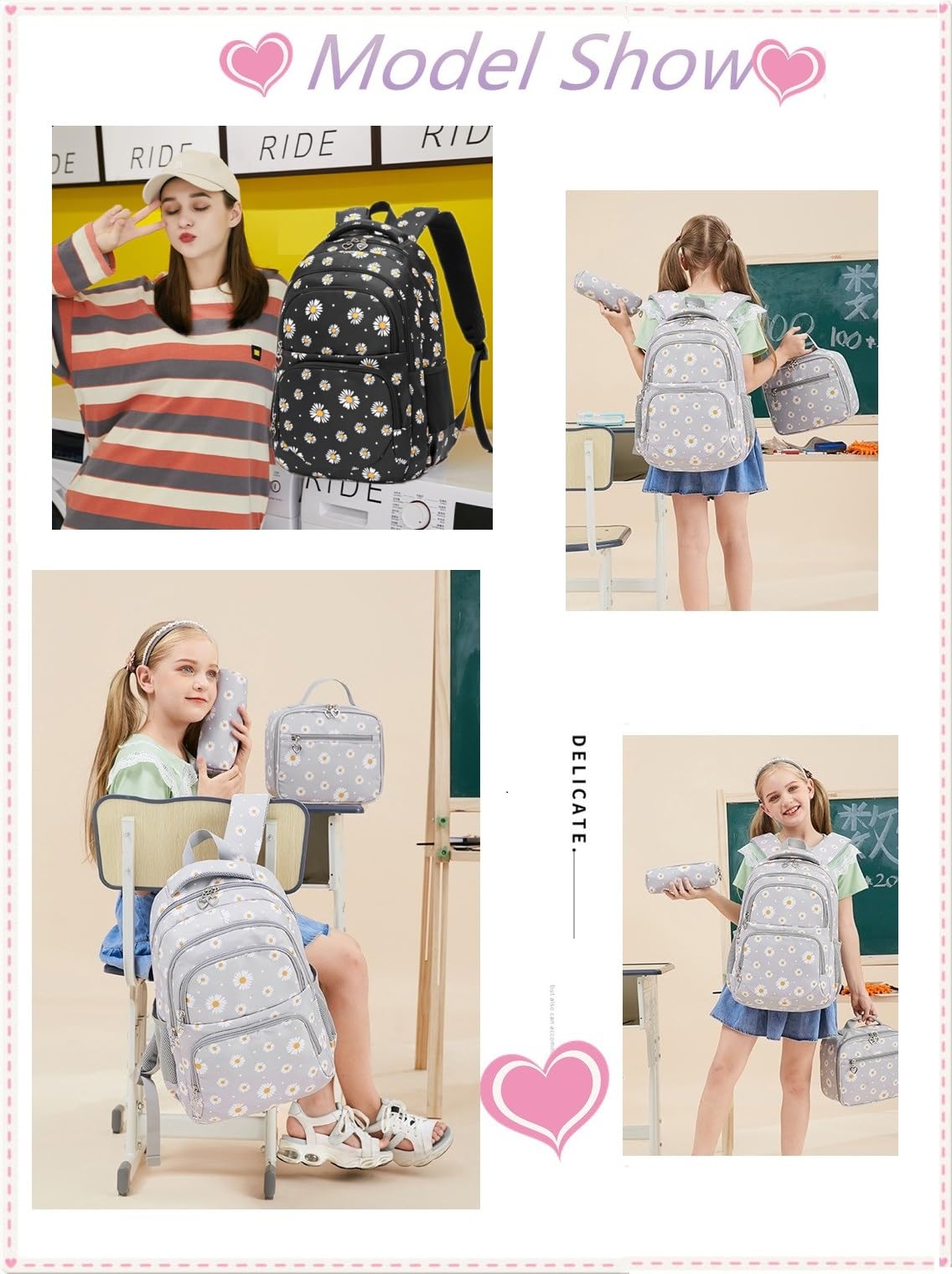 Daisy-Print 3Pcs School Bag Backpack Set for Teen Girls Elementary Middle Kids Waterproof Bookbag with Lunch Bag Pencil Case