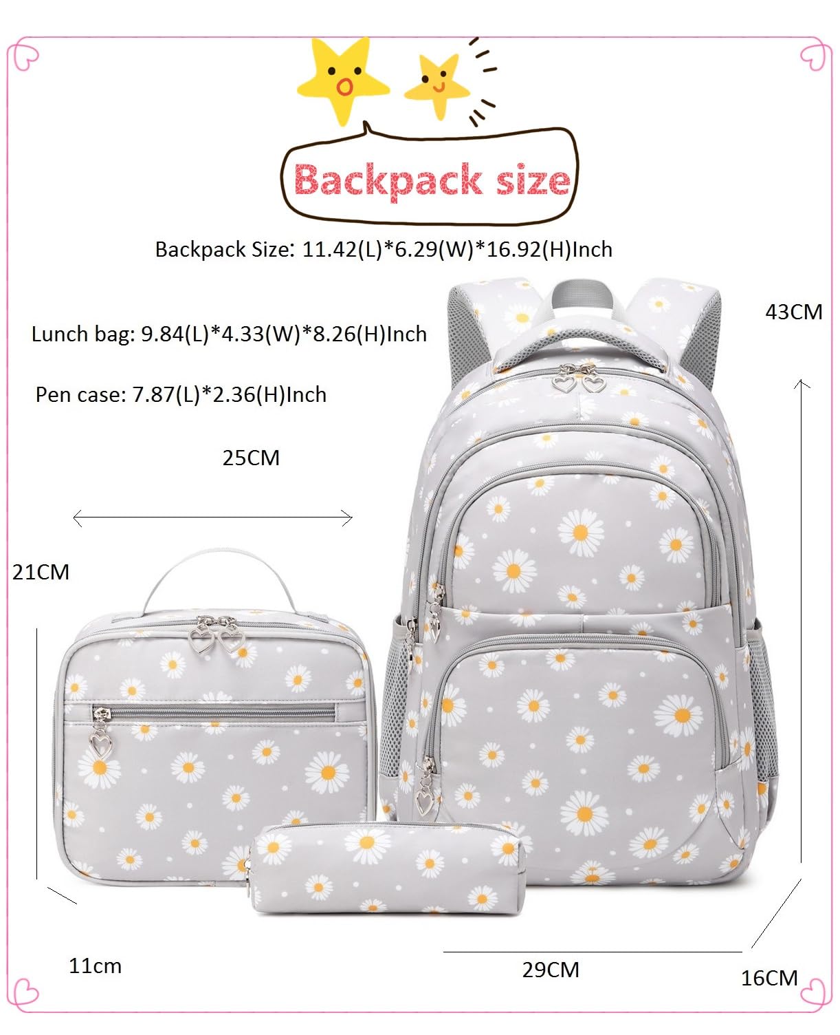 Daisy-Print 3Pcs School Bag Backpack Set for Teen Girls Elementary Middle Kids Waterproof Bookbag with Lunch Bag Pencil Case