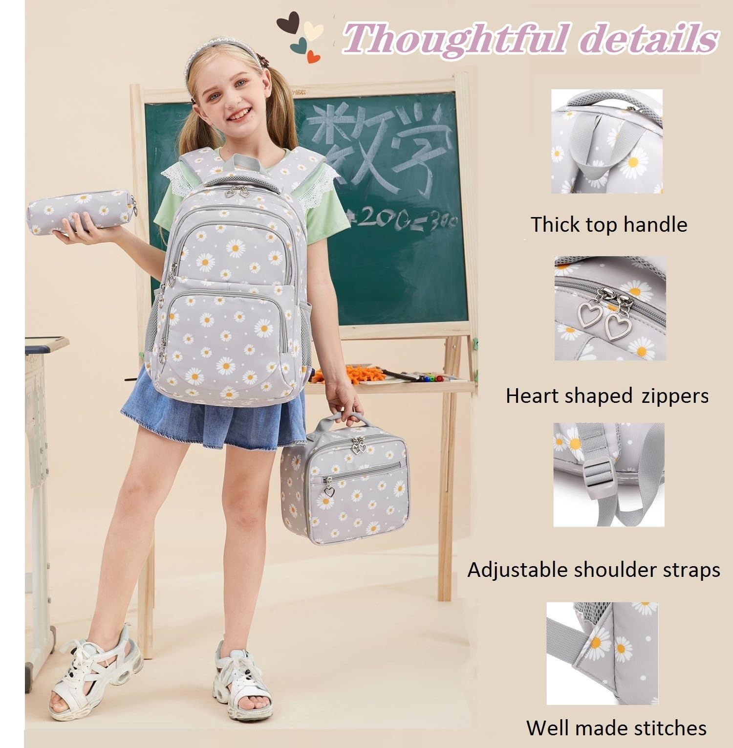 Daisy-Print 3Pcs School Bag Backpack Set for Teen Girls Elementary Middle Kids Waterproof Bookbag with Lunch Bag Pencil Case