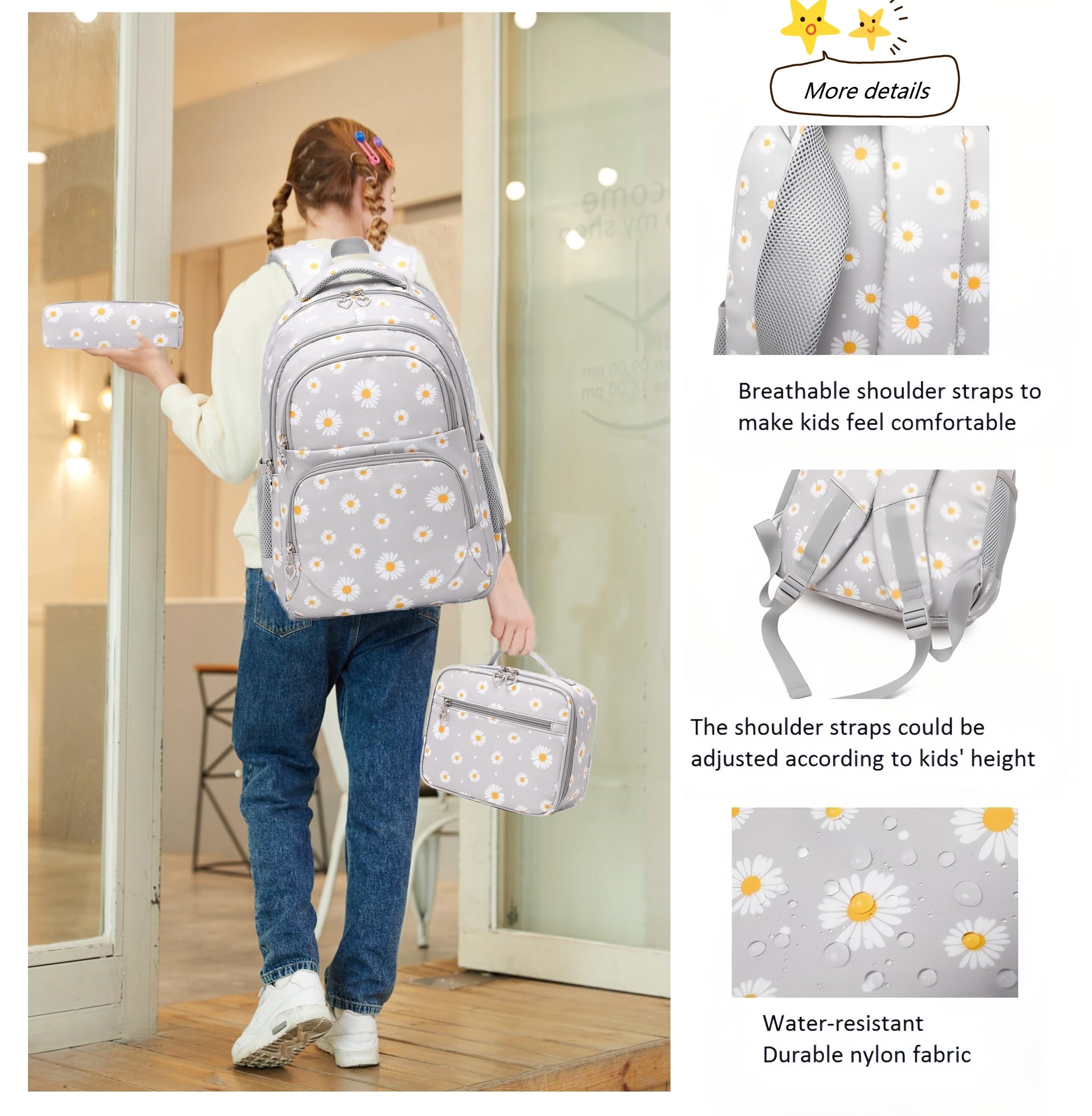 Daisy-Print 3Pcs School Bag Backpack Set for Teen Girls Elementary Middle Kids Waterproof Bookbag with Lunch Bag Pencil Case