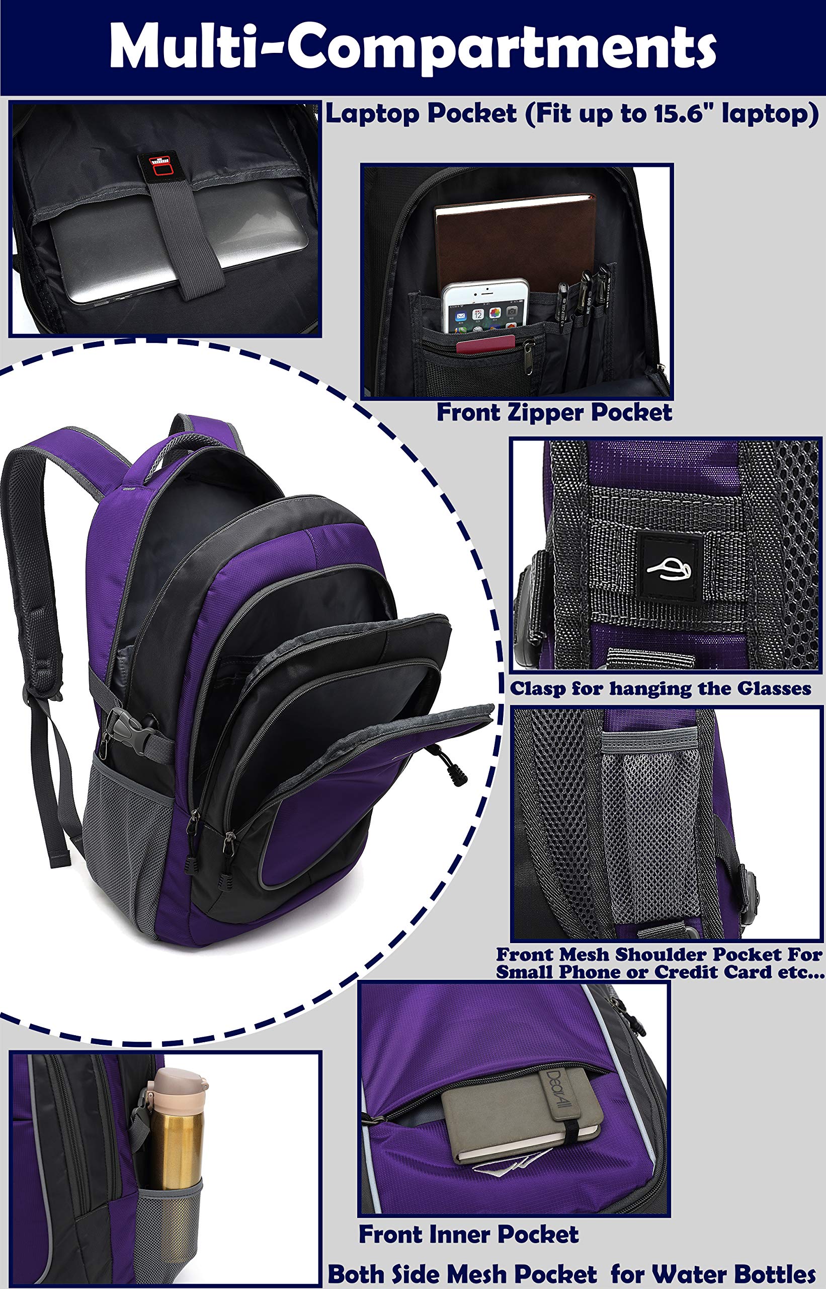 Backpack for School College Student Sturdy Bookbag Travel Business with USB Charging Port Laptop compartment Chest Straps Anti Theft Night Light Reflective (Purple)