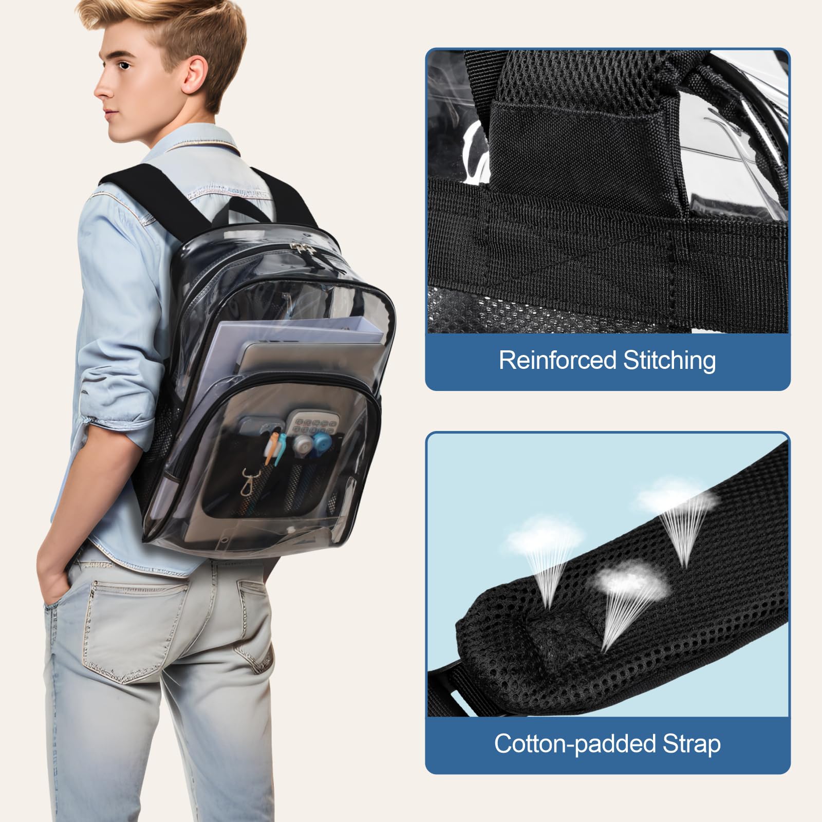 Cambond Clear Backpack, Heavy Duty Transparent Backpacks for Adults Reinforced Straps See-Through Bag for School and Work(Black)
