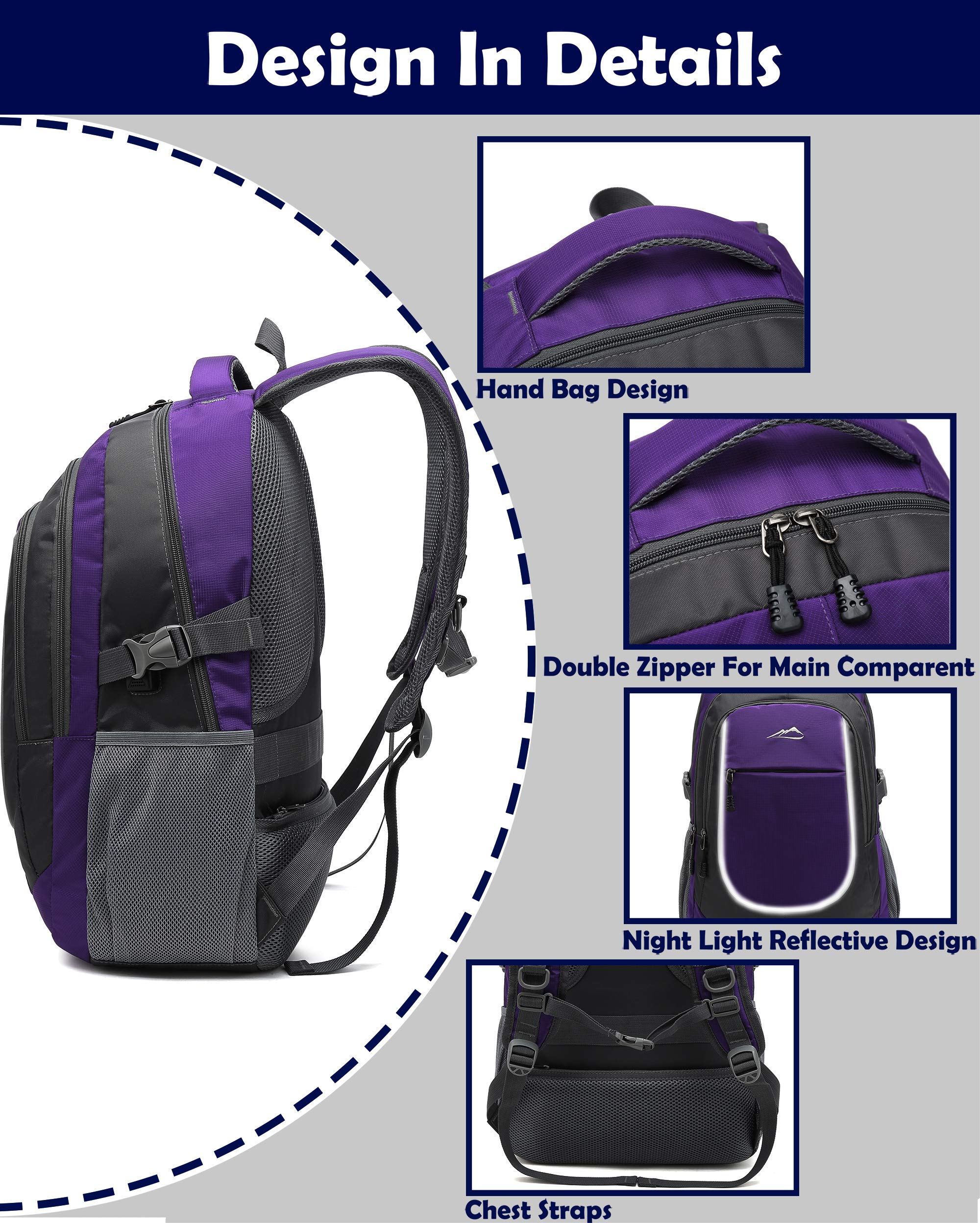 Backpack for School College Student Sturdy Bookbag Travel Business with USB Charging Port Laptop compartment Chest Straps Anti Theft Night Light Reflective (Purple)