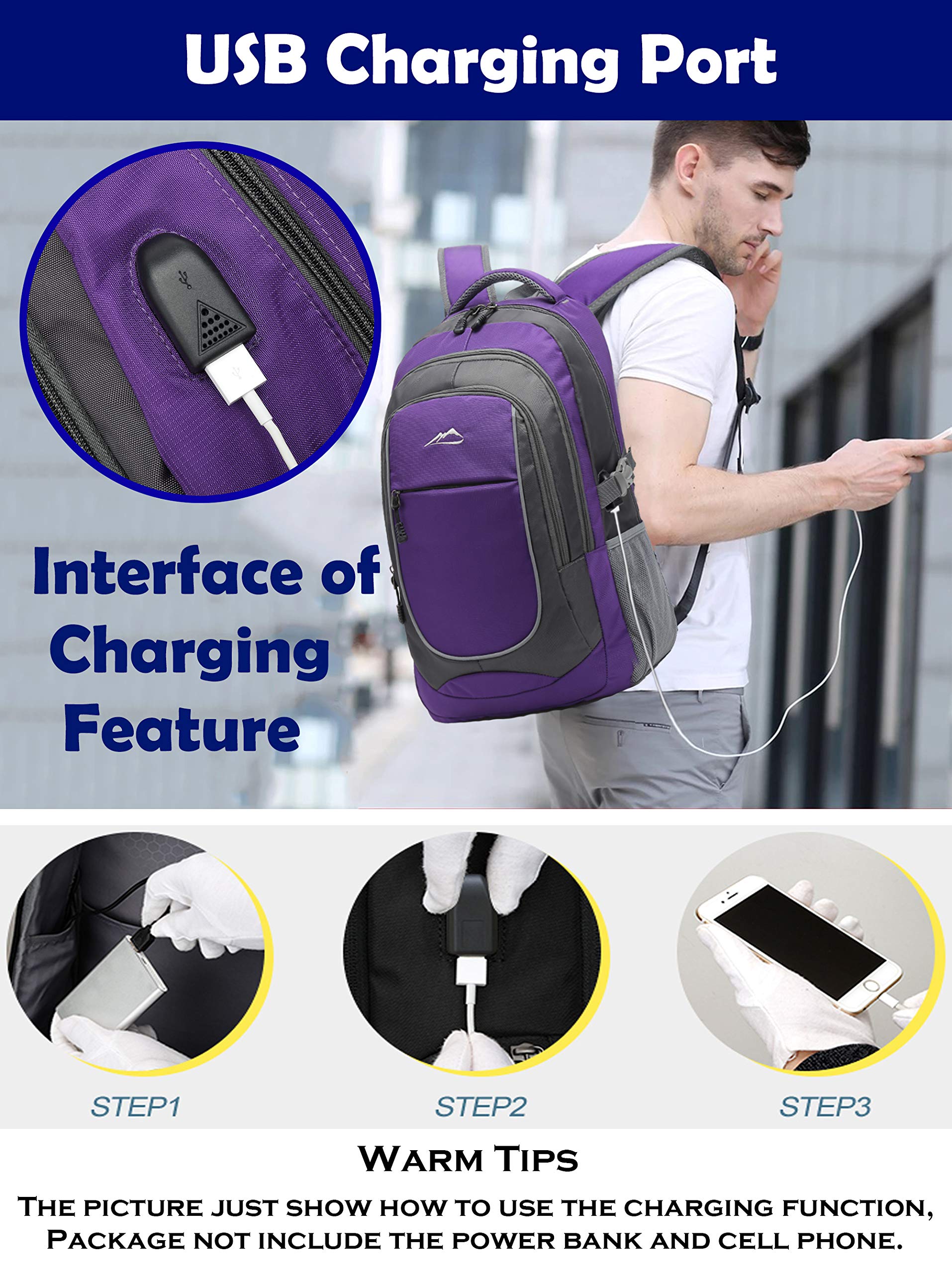 Backpack for School College Student Sturdy Bookbag Travel Business with USB Charging Port Laptop compartment Chest Straps Anti Theft Night Light Reflective (Purple)