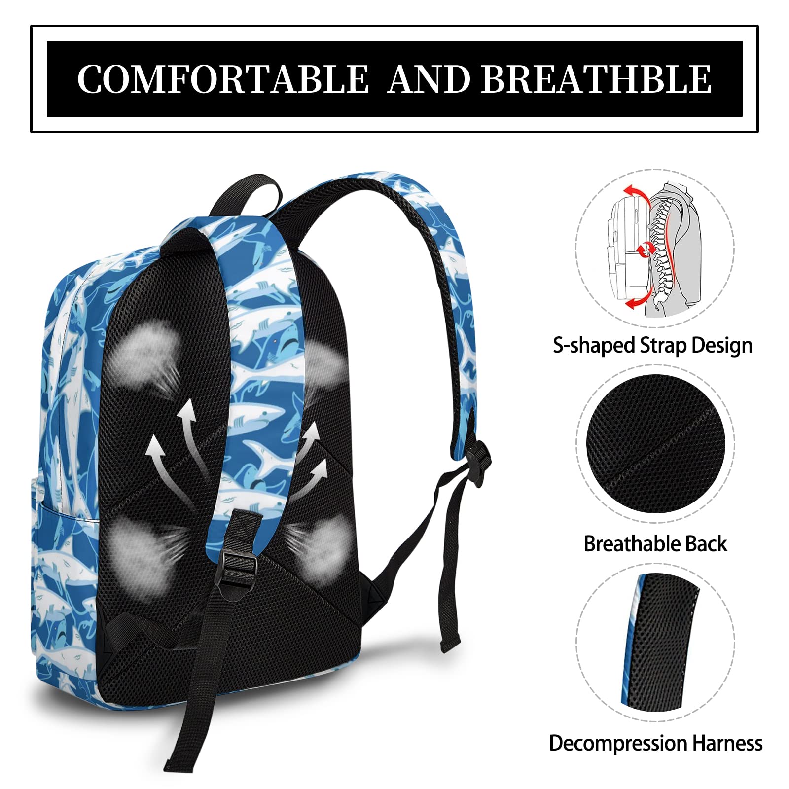 Qlonrewt Backpack for Kids Adult, Durable Funny Cute School Bag, Lightweight Waterproof Laptop Daypack for Travel School Work (Shark DodgerBlue)