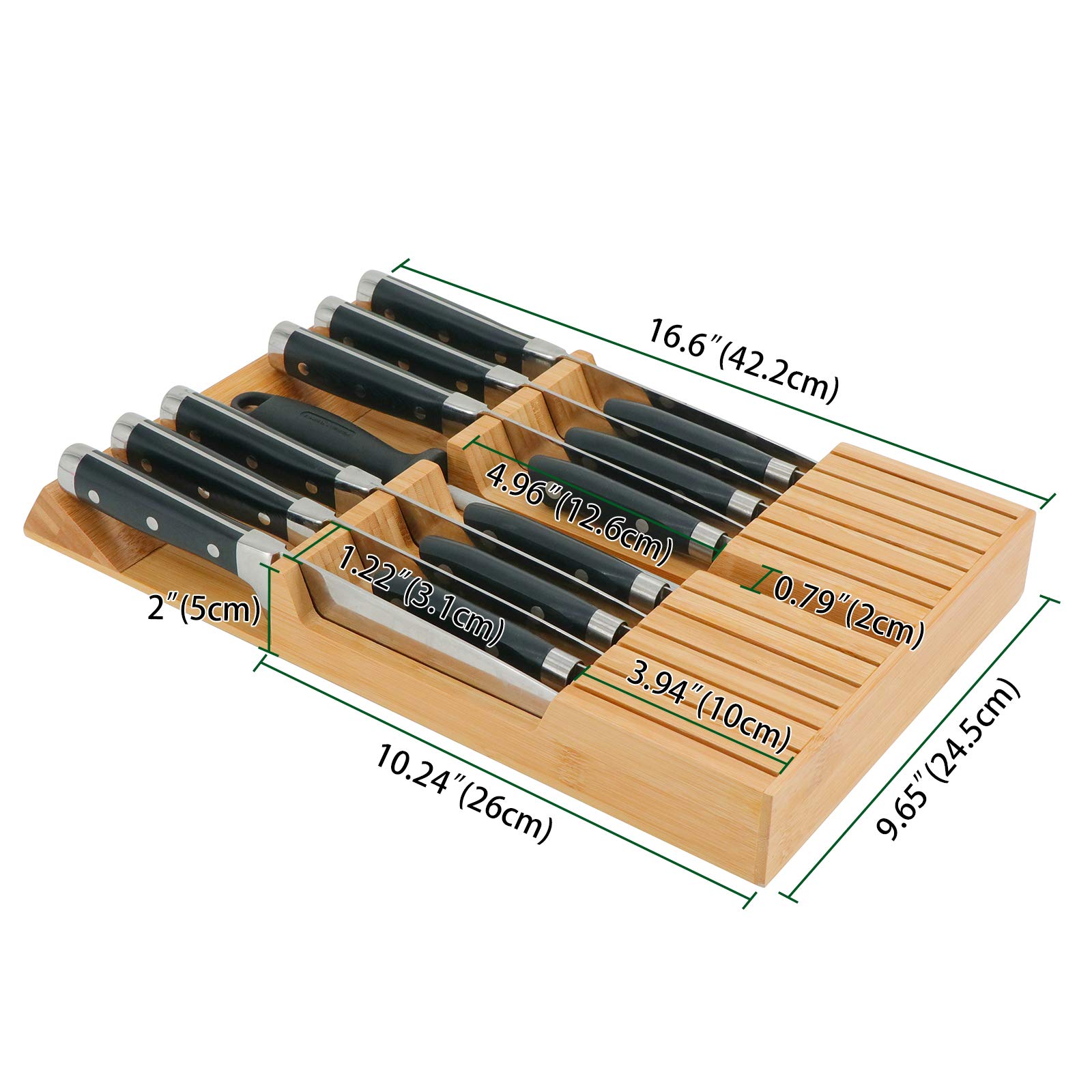 Utoplike In-drawer Knife Block Bamboo Kitchen 12 Knifes Drawer Organizer and Flatware Expandable Kitchen Drawer Organizer Set