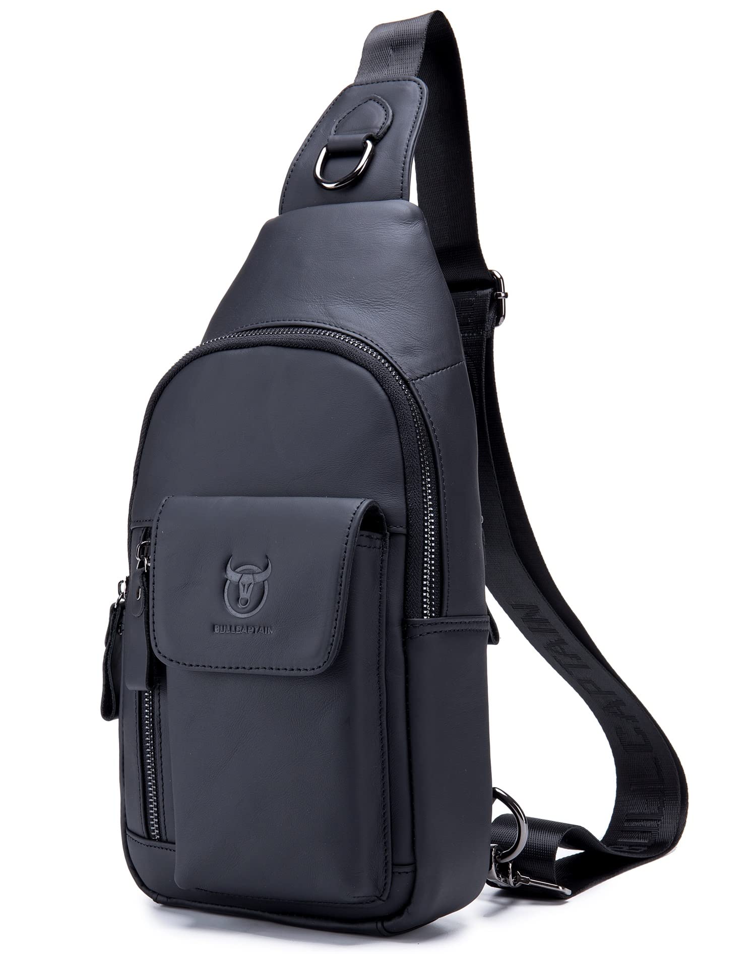 BULLCAPTAIN Genuine Leather Sling Bag for Men Multi-pocket Casual Travel Crossbody Chest Bag Hiking Backpacks (Black)