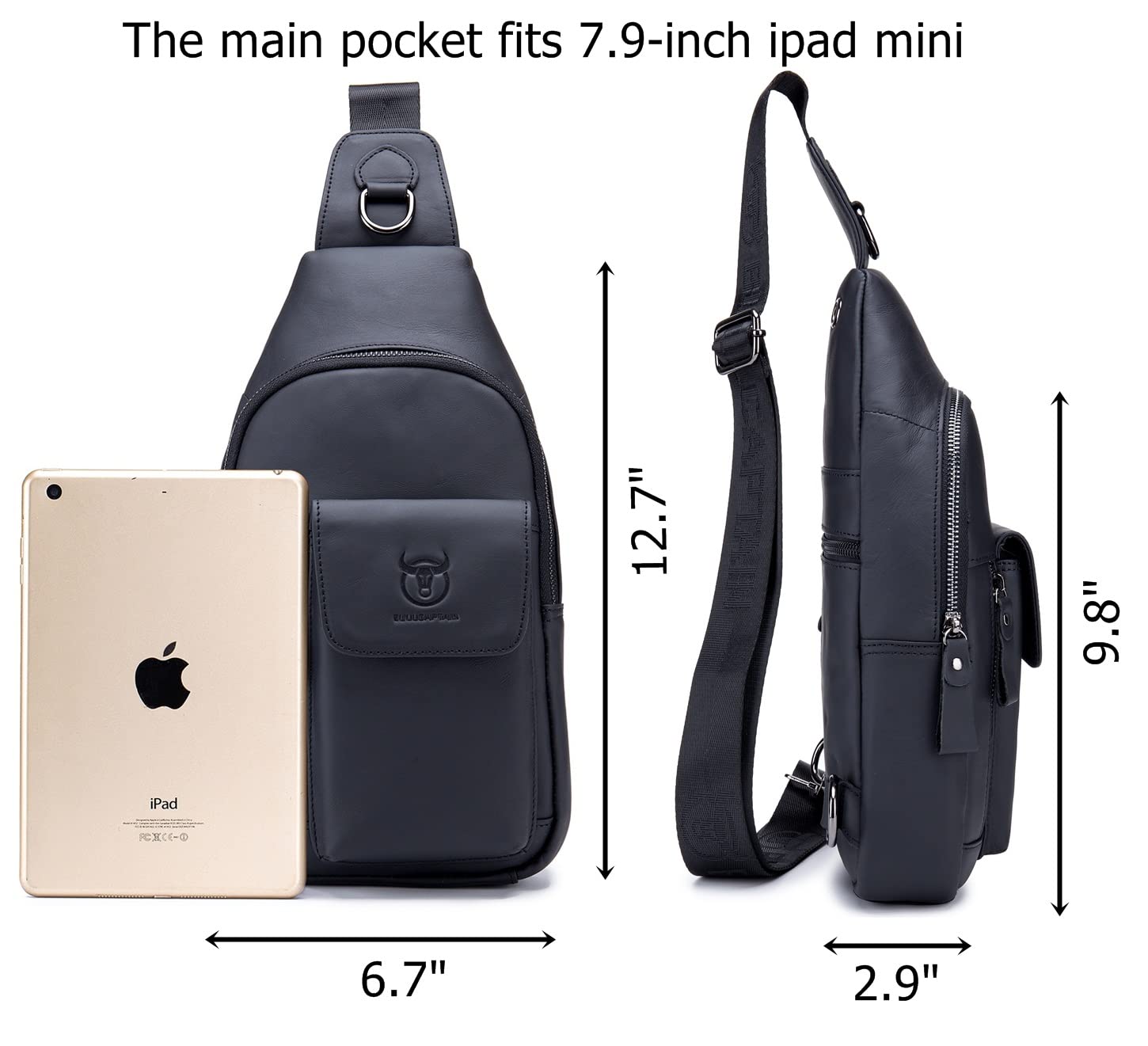 BULLCAPTAIN Genuine Leather Sling Bag for Men Multi-pocket Casual Travel Crossbody Chest Bag Hiking Backpacks (Black)